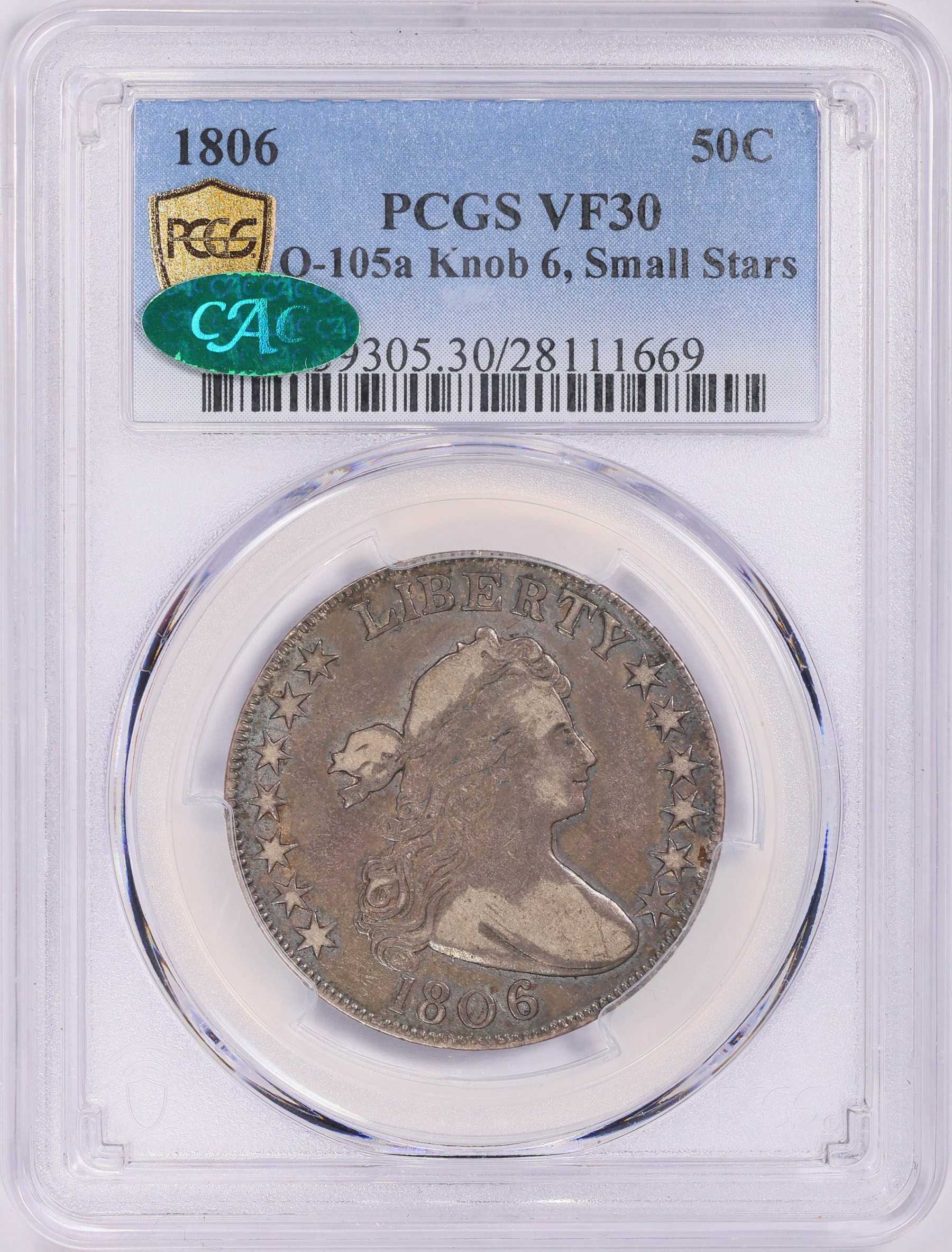 1806 Draped Bust Half Dollar Knob 6, Small Stars Overton 105a PCGS VF-30 (CAC Green) (Item ...
