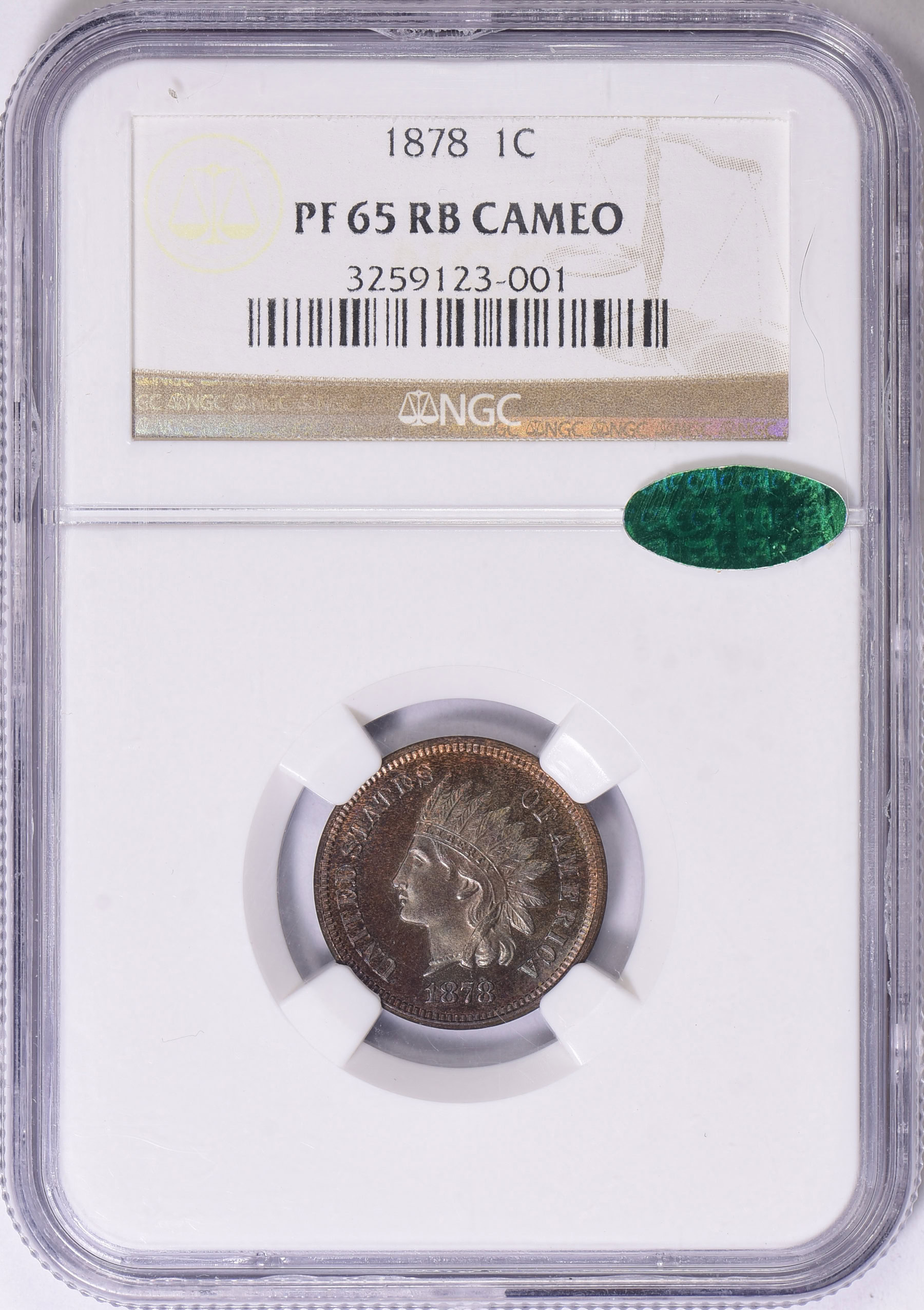 1878 Indian Cent NGC Proof-65 RB CAMEO (CAC Green) (Toned) (Item 1708228) | GreatCollections ...