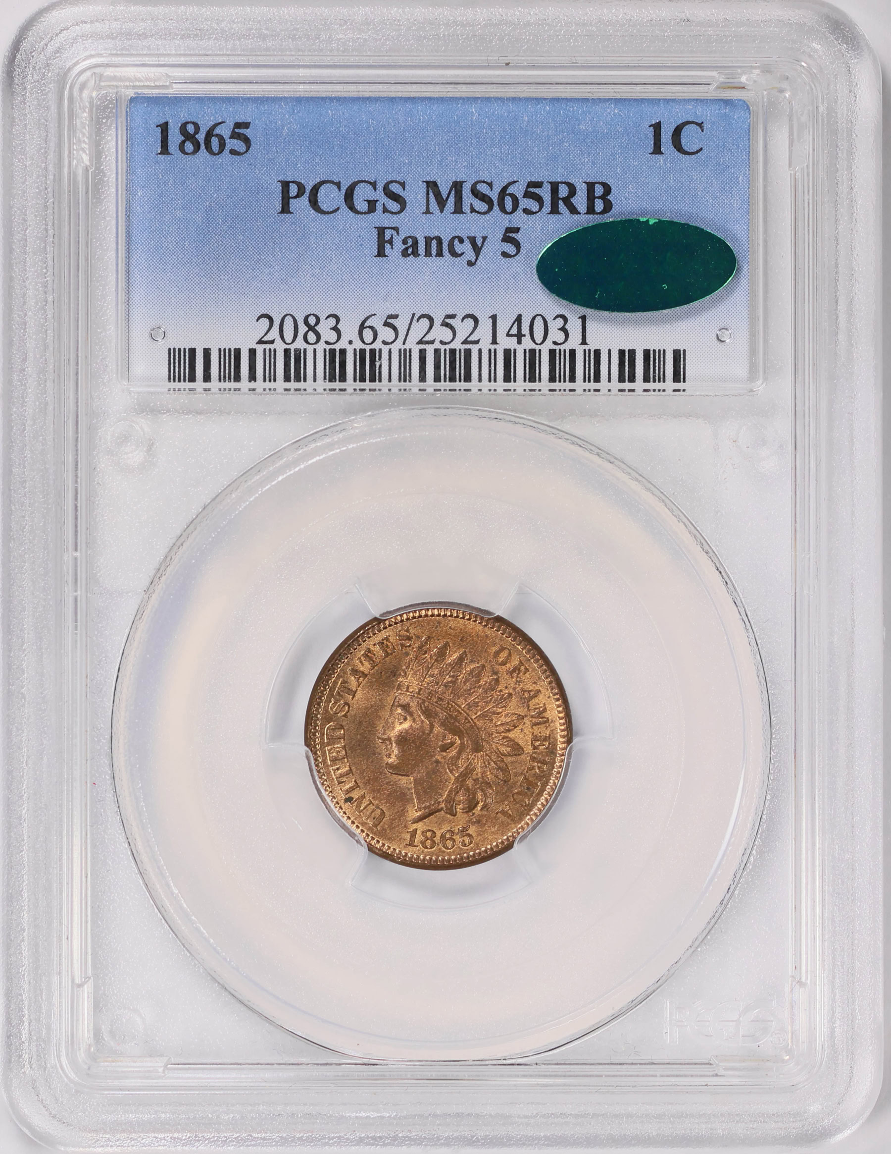 1865 Indian Cent Fancy 5 PCGS MS-65 RB (CAC Green) (Item 1708244) | GreatCollections Coin Auctions