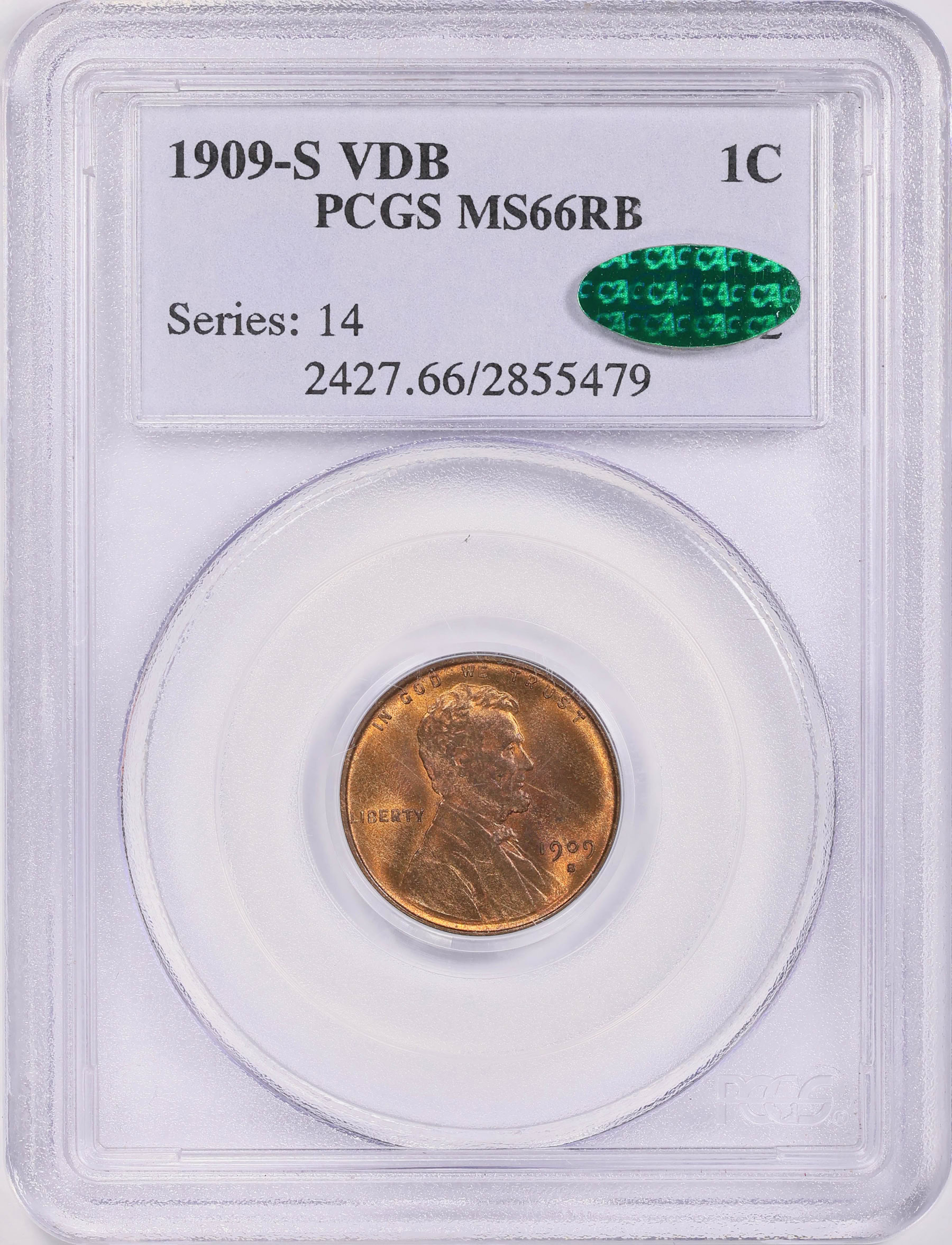 1909-S Lincoln Cent V.D.B. PCGS MS-66 RB (CAC Green) (Item 1708245) | GreatCollections Coin Auctions