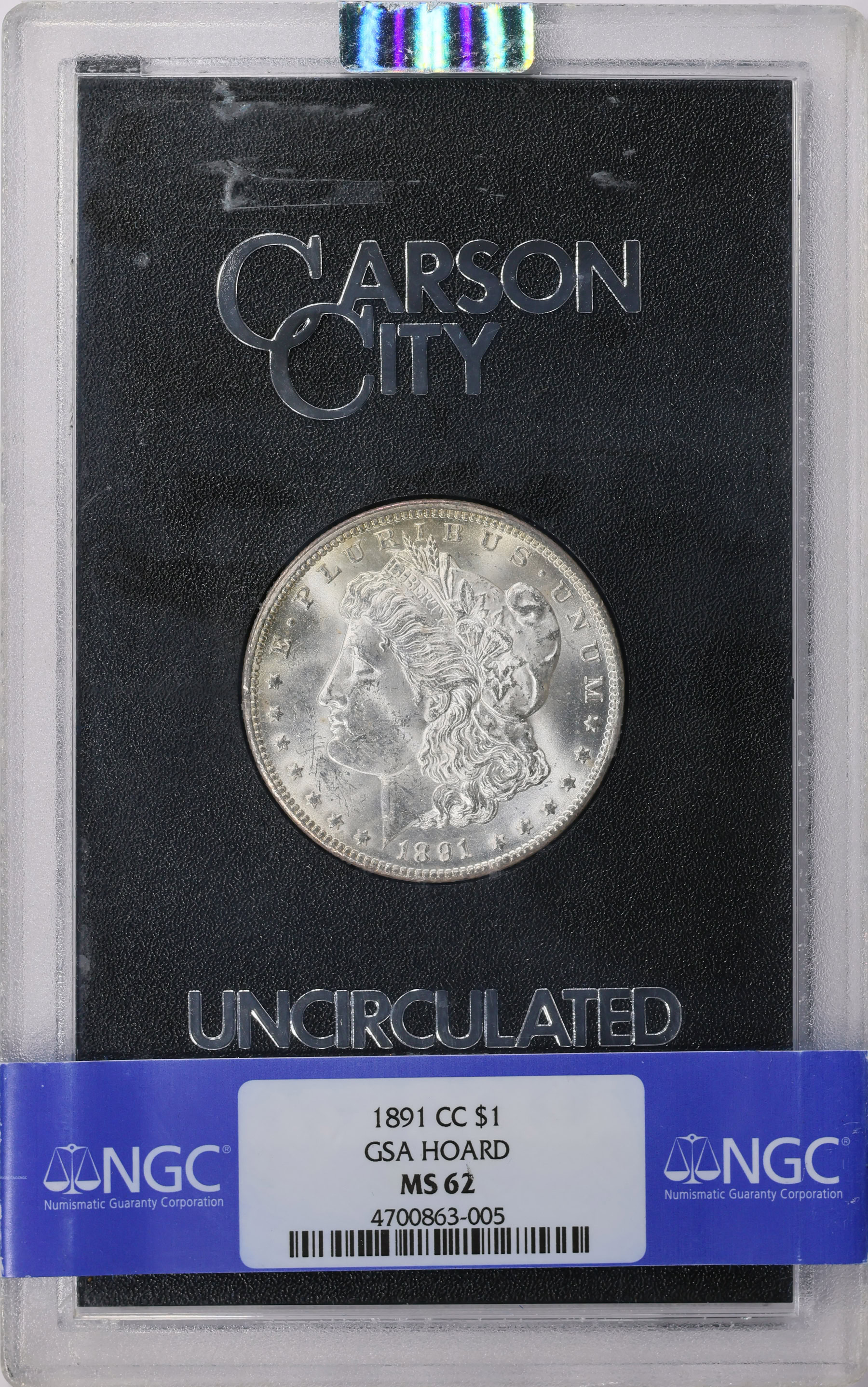 1891-CC Morgan Silver Dollar GSA Hoard NGC MS-62 (GSA Holder) (With GSA ...