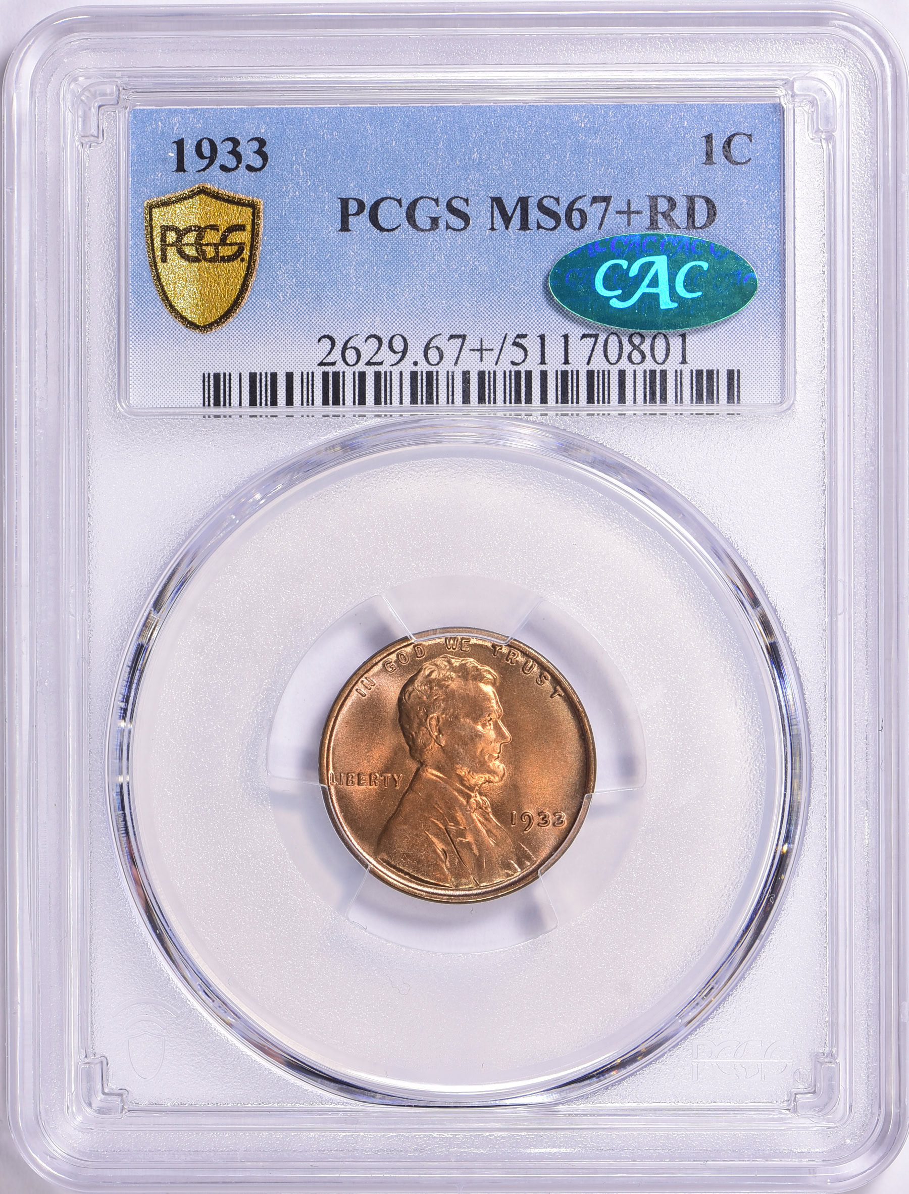 1933 Lincoln Cent PCGS MS-67+ RD (CAC Green) (Item 1708366) | GreatCollections Coin Auctions