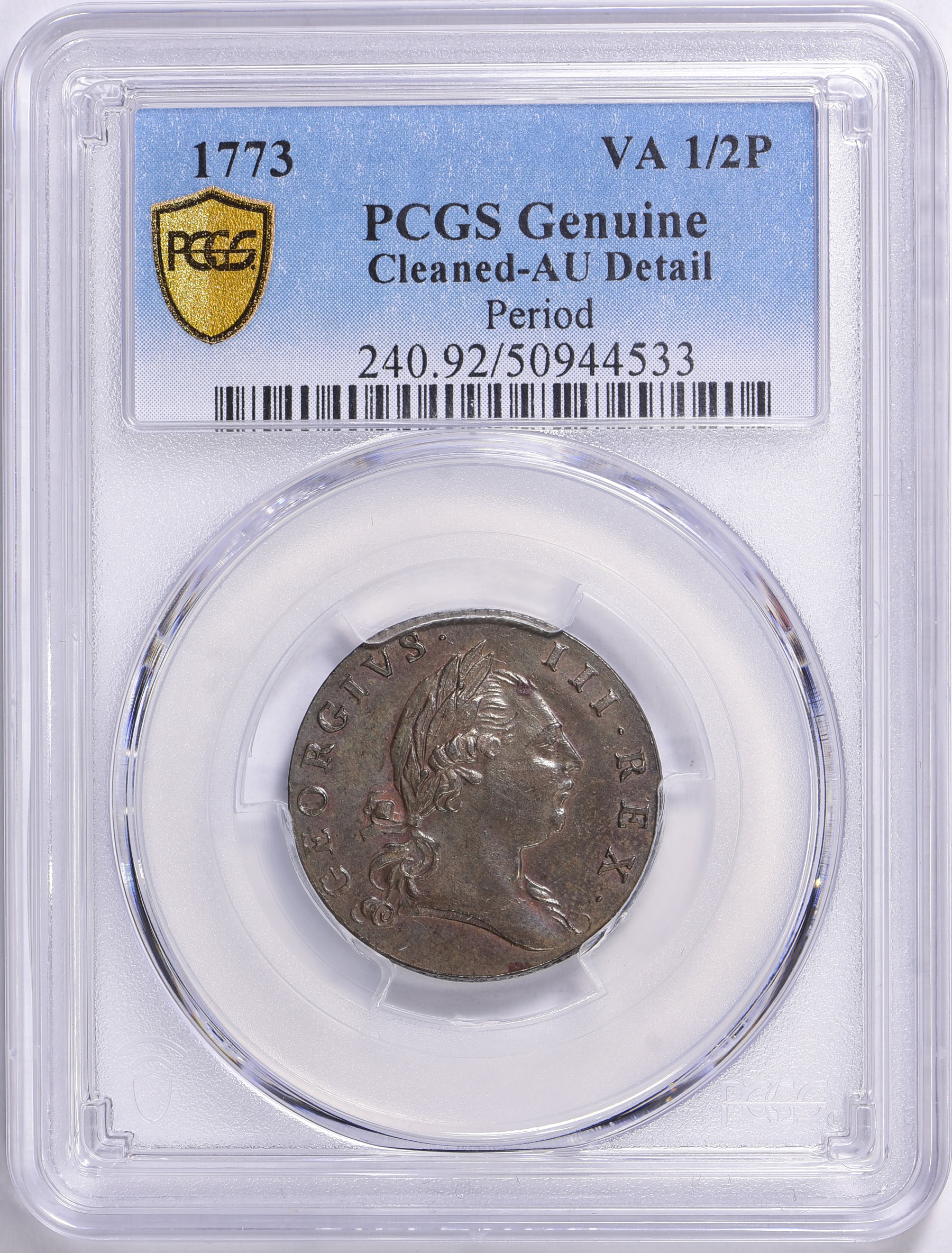 1773 Virginia 1/2P Period PCGS Genuine AU Details (Item 1708515 ...