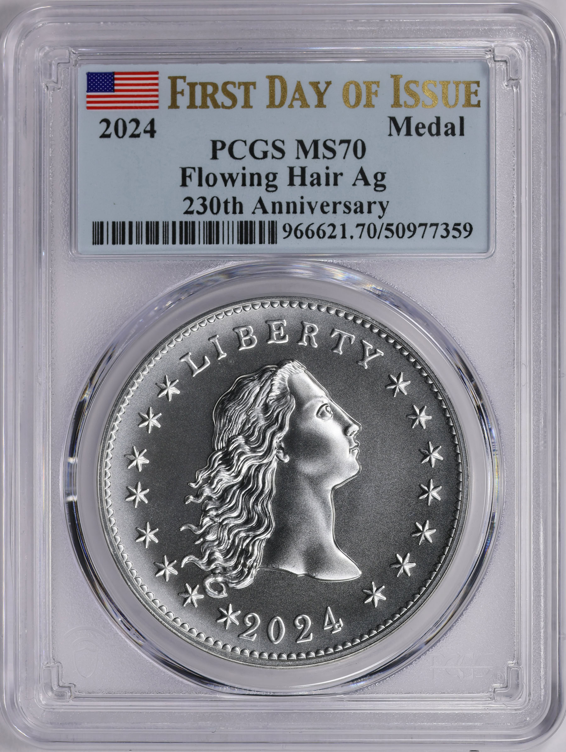 2024 U.S. Mint Medal Flowing Hair Silver First Day of Issue. PCGS MS-70 ...
