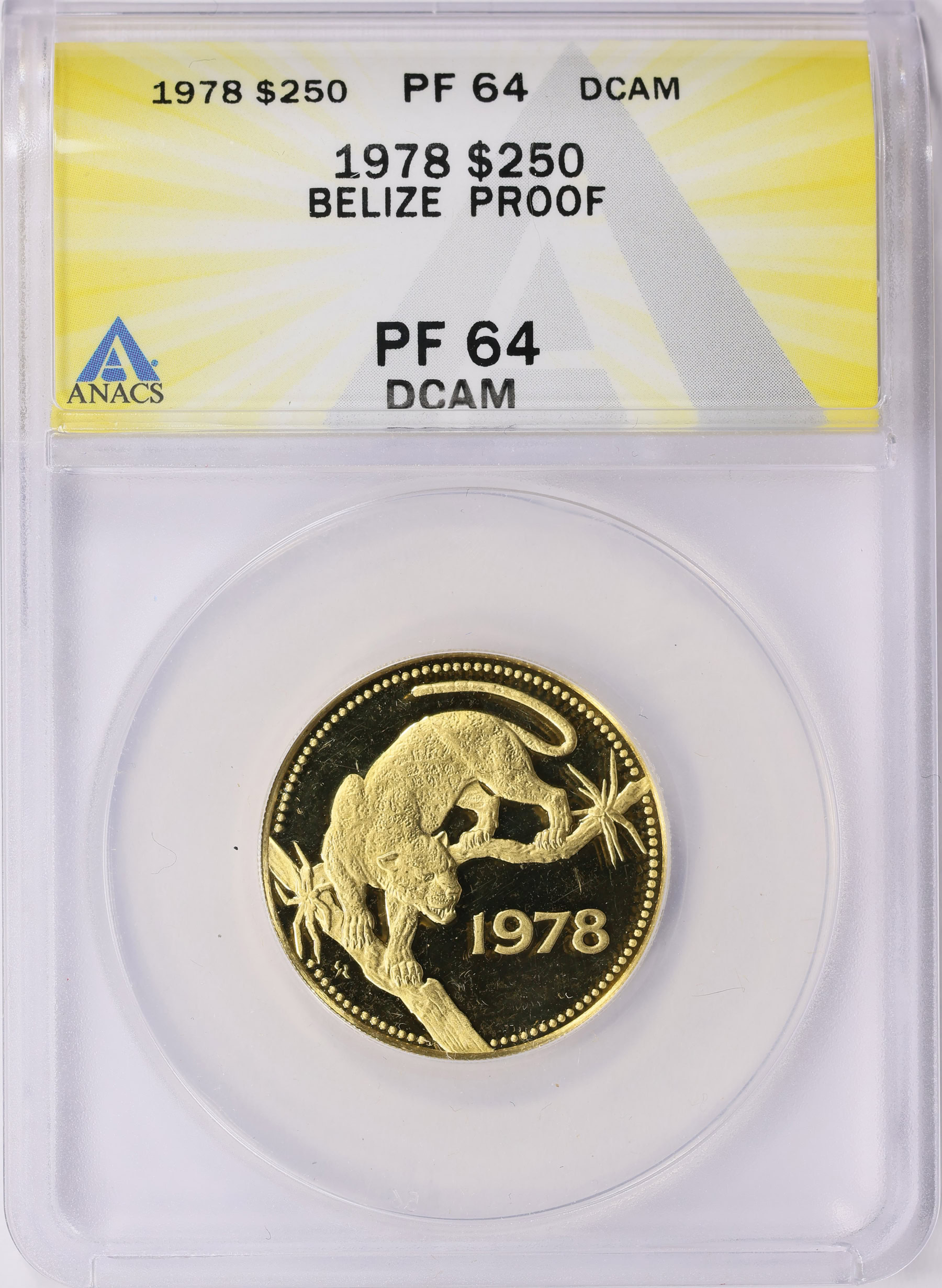 Belize 1978-FM Gold $250 Jaguar KM-56 ANACS Proof-64 DCAM (AGW = 0.2549 ...