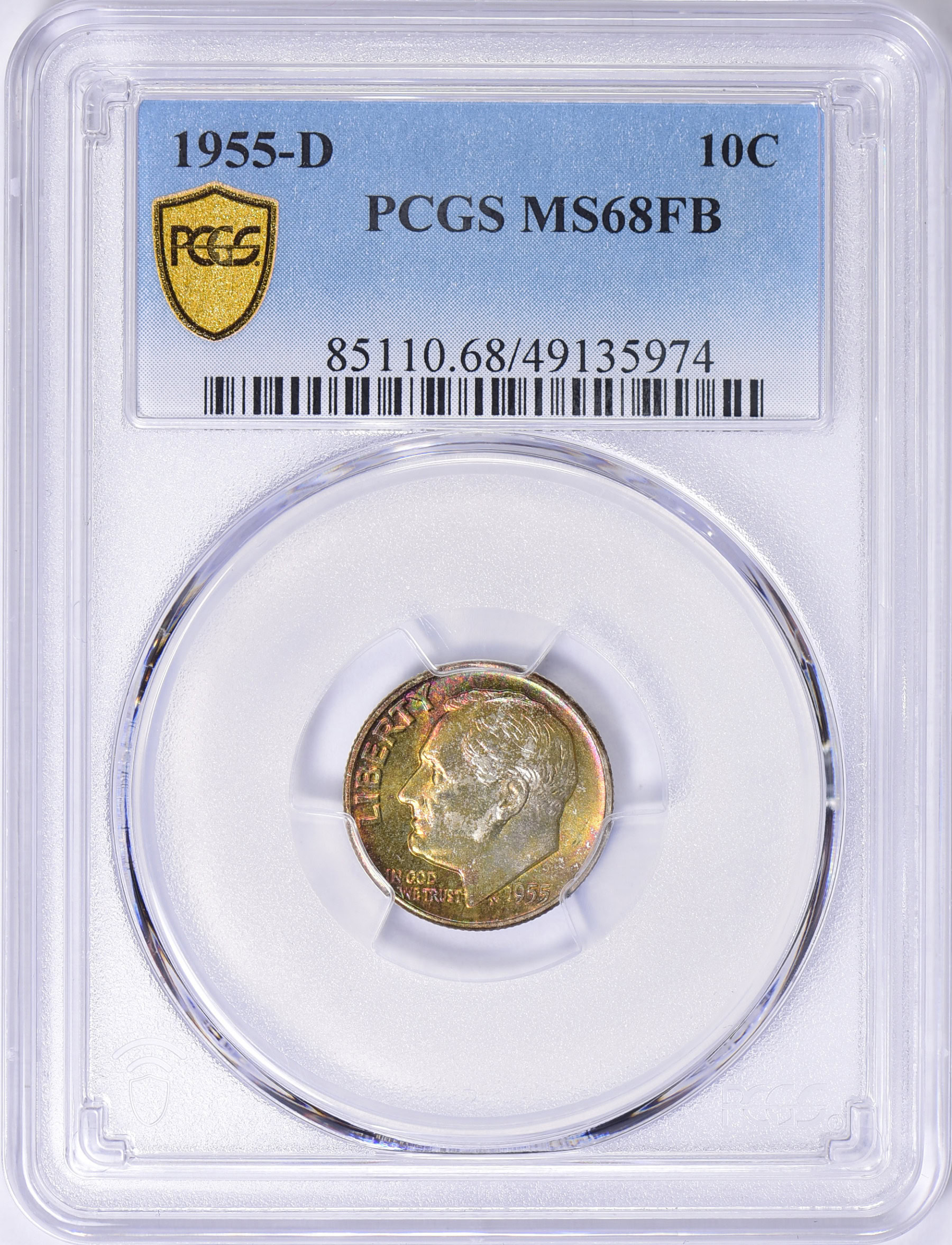 1955-D Roosevelt Dime PCGS MS-68 FB (Toned) (Item 1708954) | GreatCollections Coin Auctions