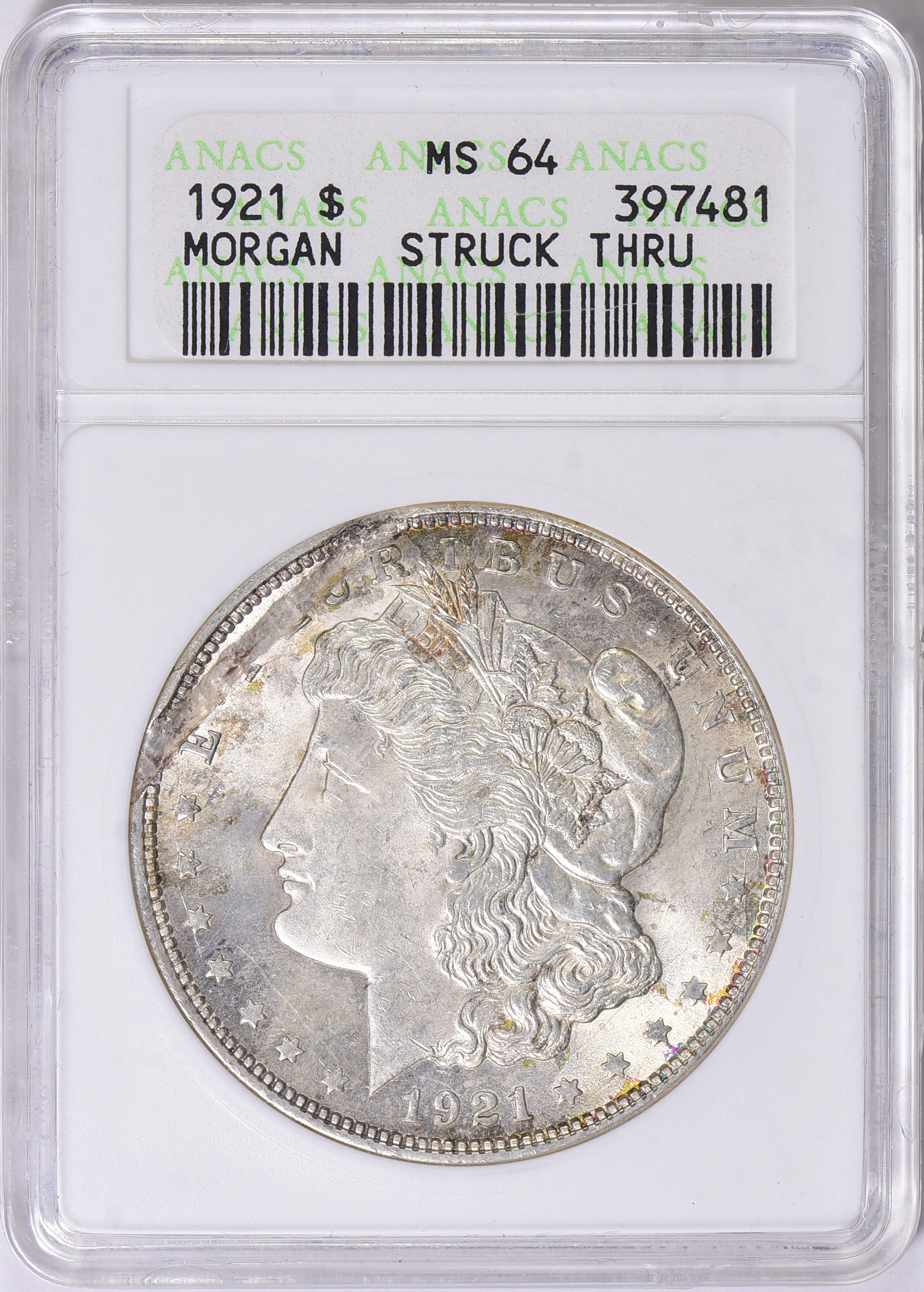Mint Error 1921 Morgan Silver Dollar Struck Through ANACS MS-64 OH | ANACS Cert #397481 ...