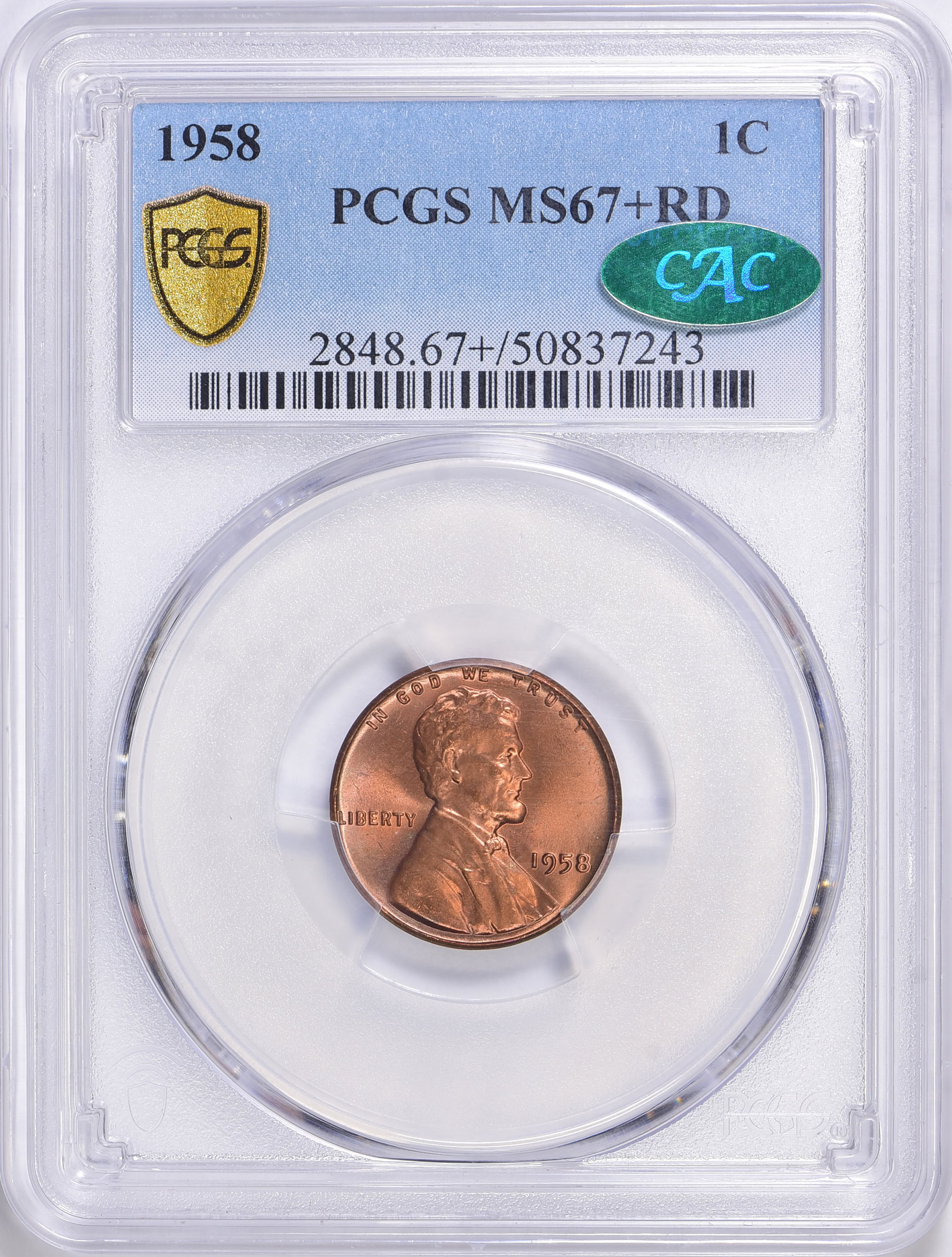 1958 Lincoln Cent PCGS MS-67+ RD (CAC Green) (Item 1709242) | GreatCollections Coin Auctions