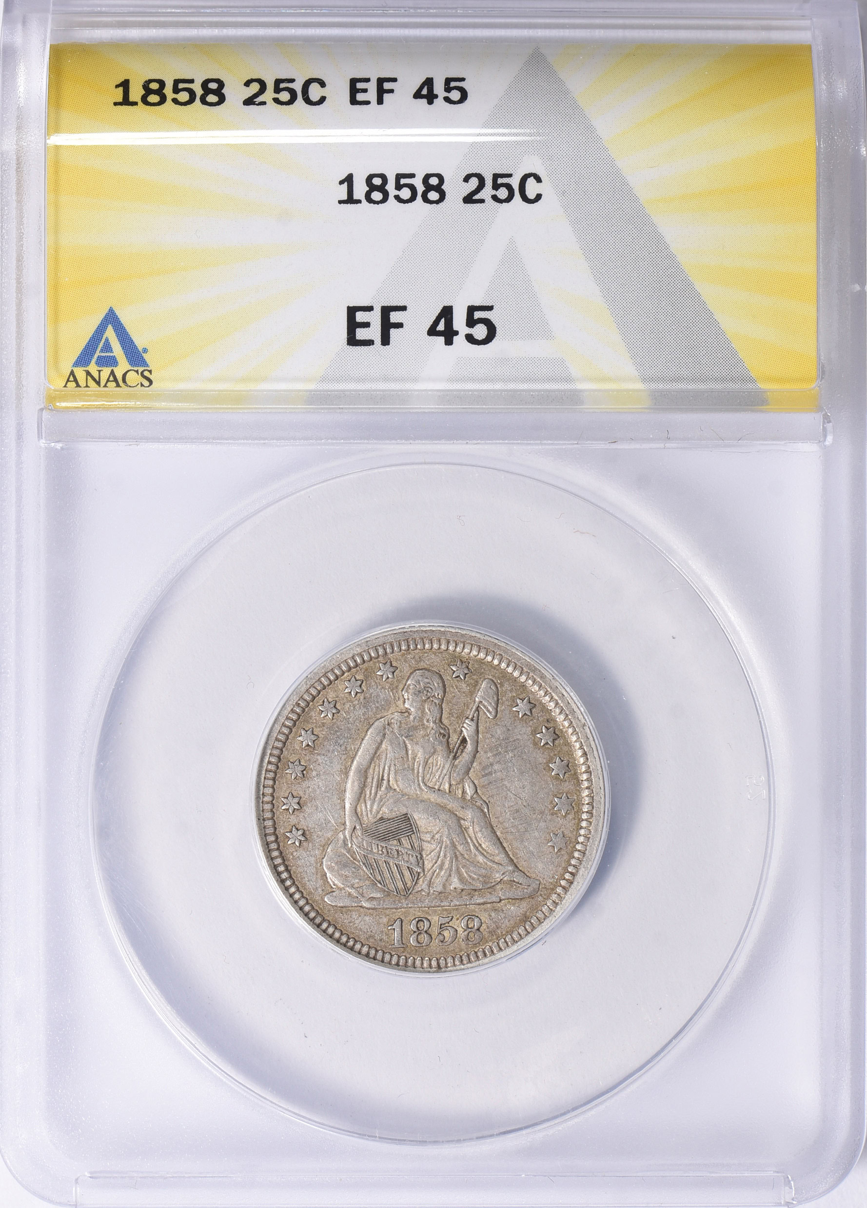1858 Seated Liberty Quarter ANACS XF-45 (Item 1709401) | GreatCollections Coin Auctions
