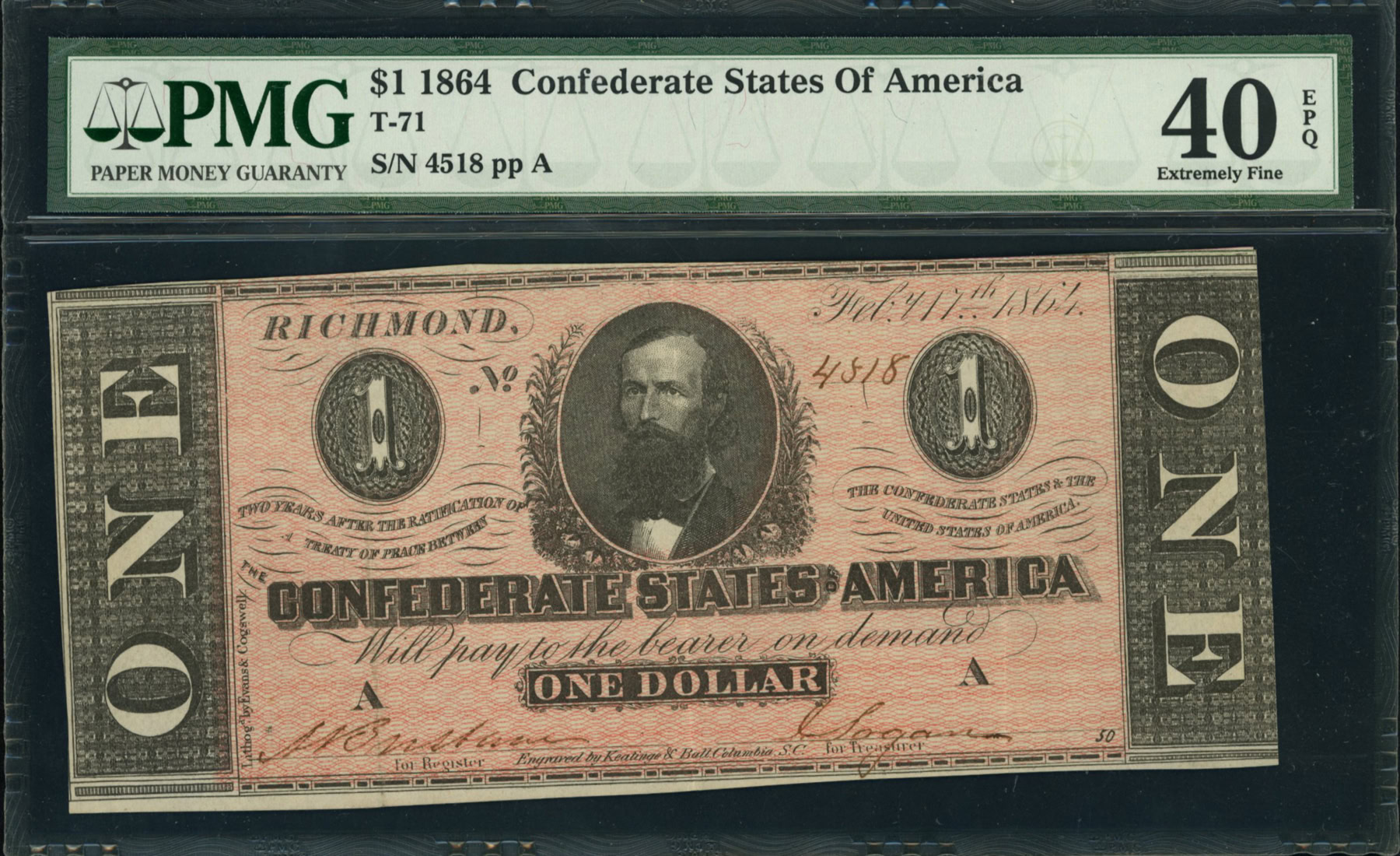T-71 Confederate States of America 1864 $1 Note PMG Extremely Fine 40 ...