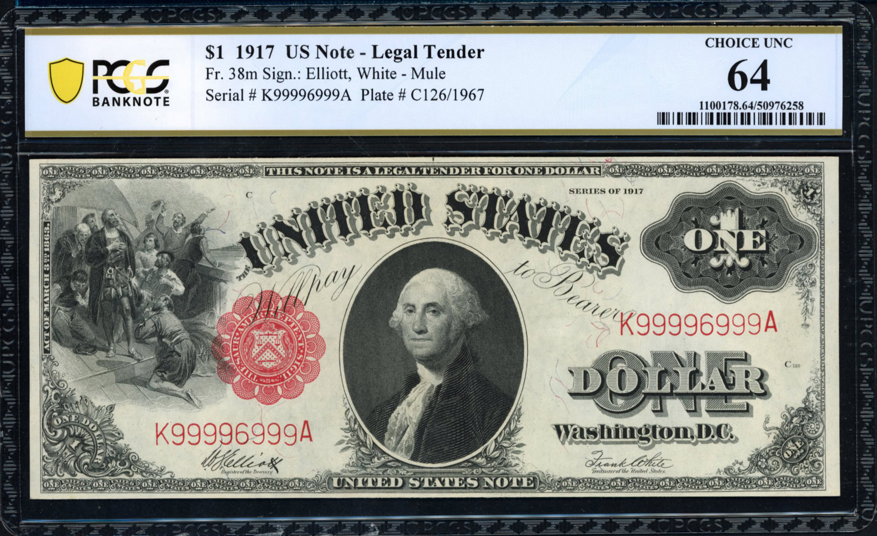 Fr. 38m 1917 $1 Legal Tender Mule Note Seven of a Kind Serial Number ...