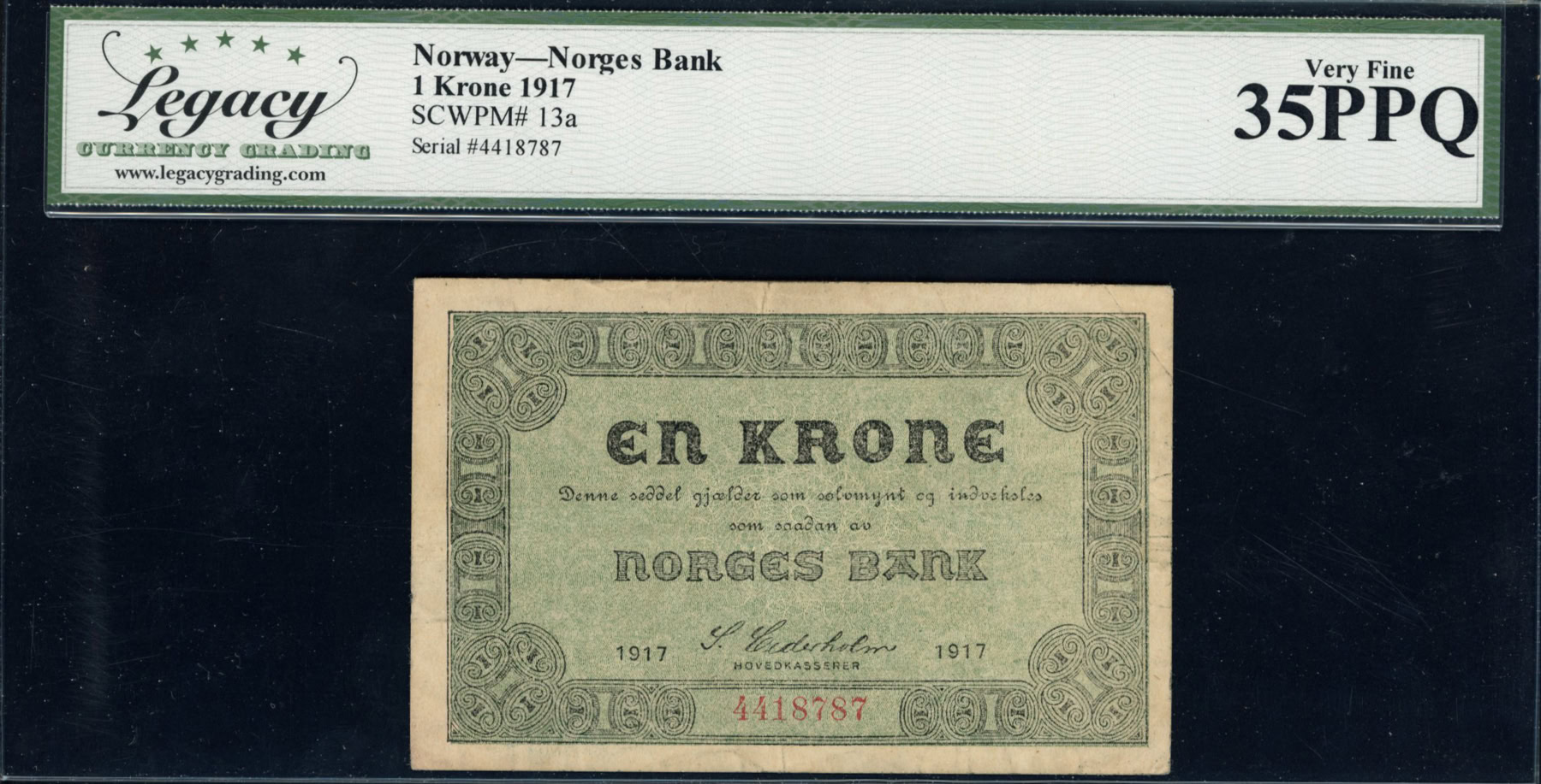 Norway 1917 1 Krone Norges Bank Note SCWPM-13a Legacy Very Fine 35 PPQ ...