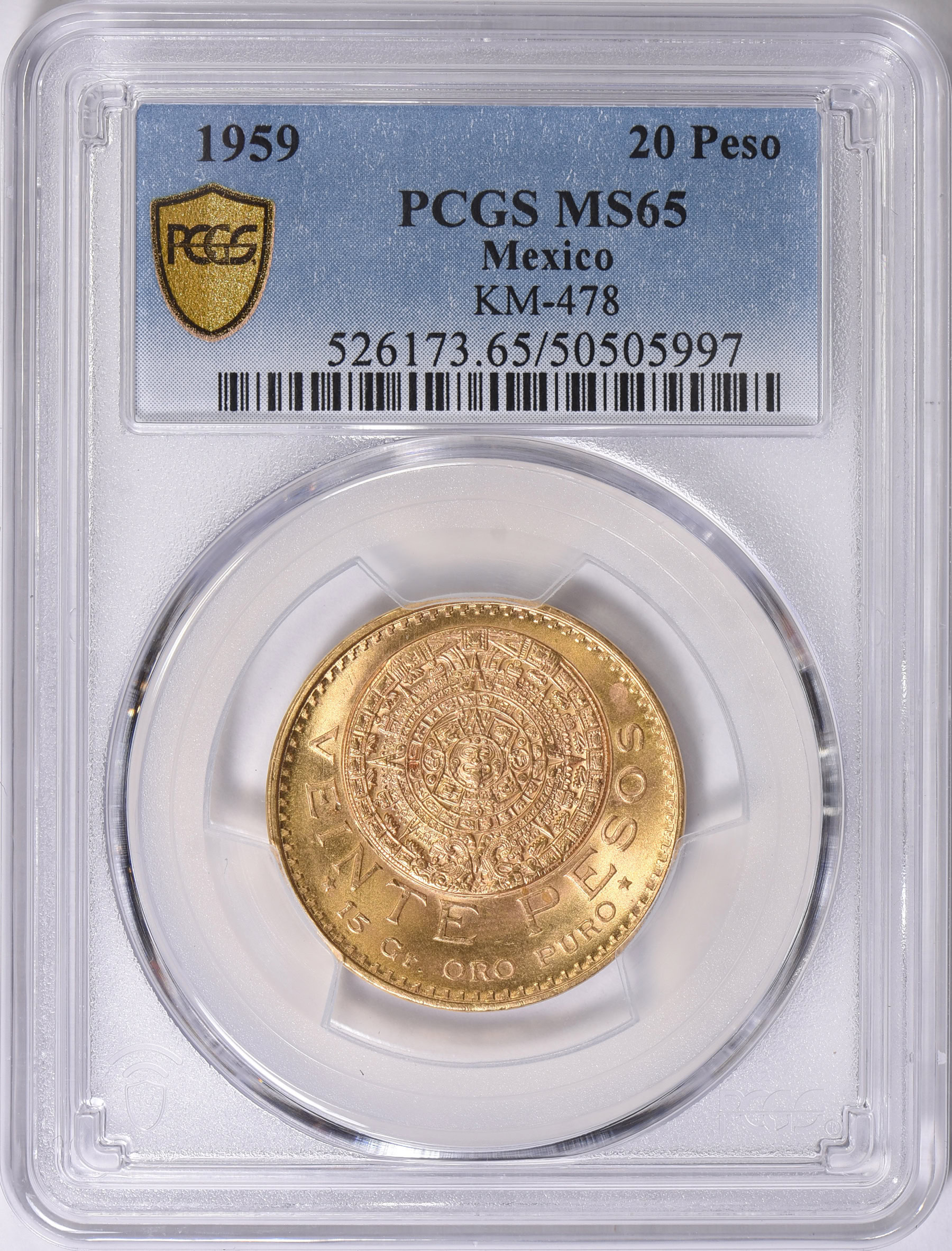 Mexico 1959 Gold 20 Pesos KM-478 PCGS MS-65 (AGW = 0.4822 oz.) (Item 1709699) | GreatCollections ...