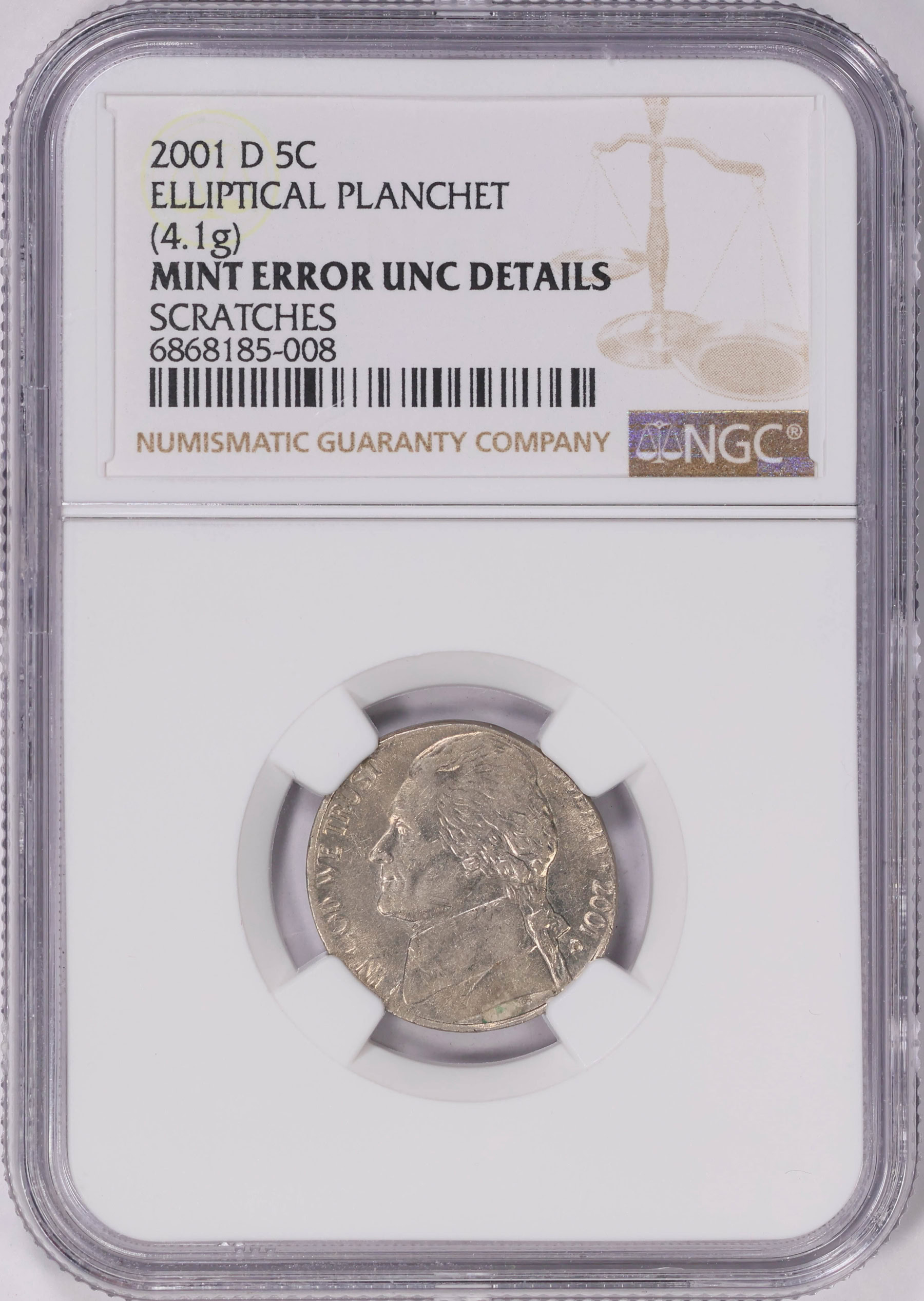 Mint Error 2001-D Jefferson Nickel Elliptical Planchet NGC Unc Details ...