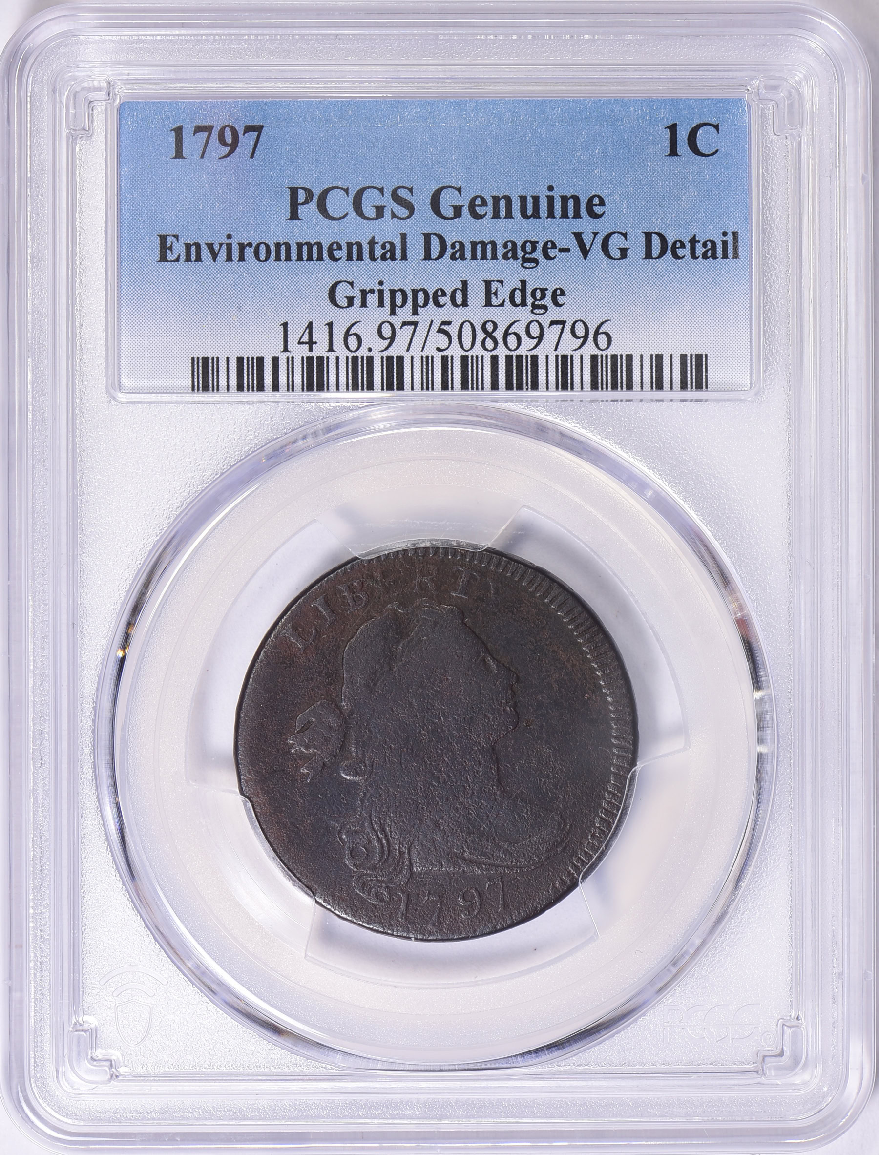 1797 Draped Bust Cent Gripped Edge, Reverse of 1796 PCGS Genuine VG ...