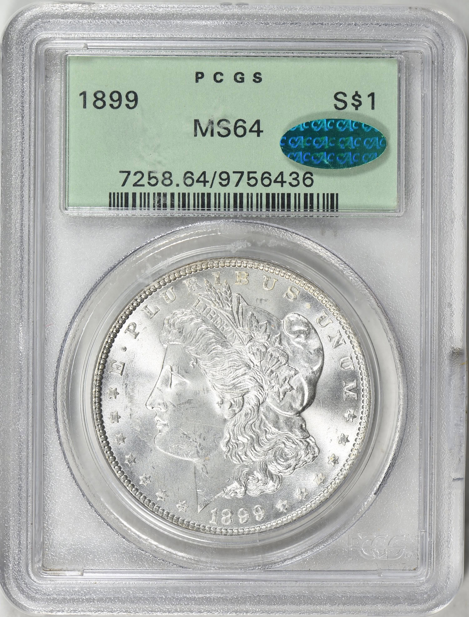 1899 Morgan Silver Dollar PCGS MS-64 (CAC Green) OGH (Item 1709853) | GreatCollections Coin Auctions