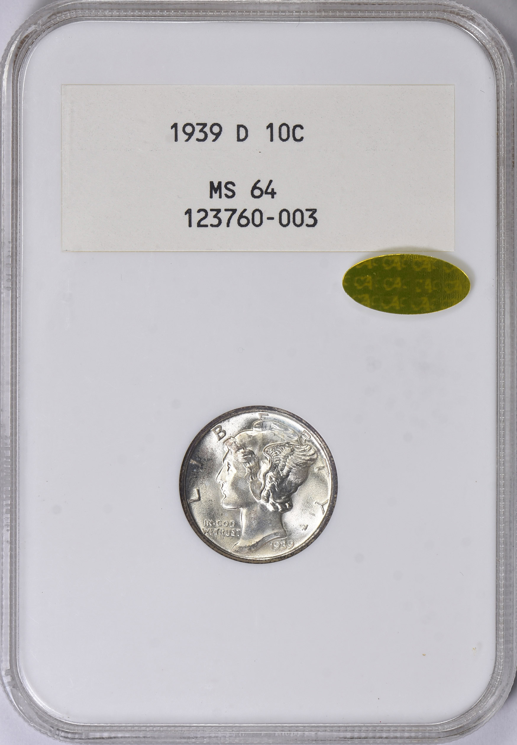 1939-D Mercury Dime NGC MS-64 (CAC Gold) OH (Early White Label NGC Holder) (Item 1709916 ...