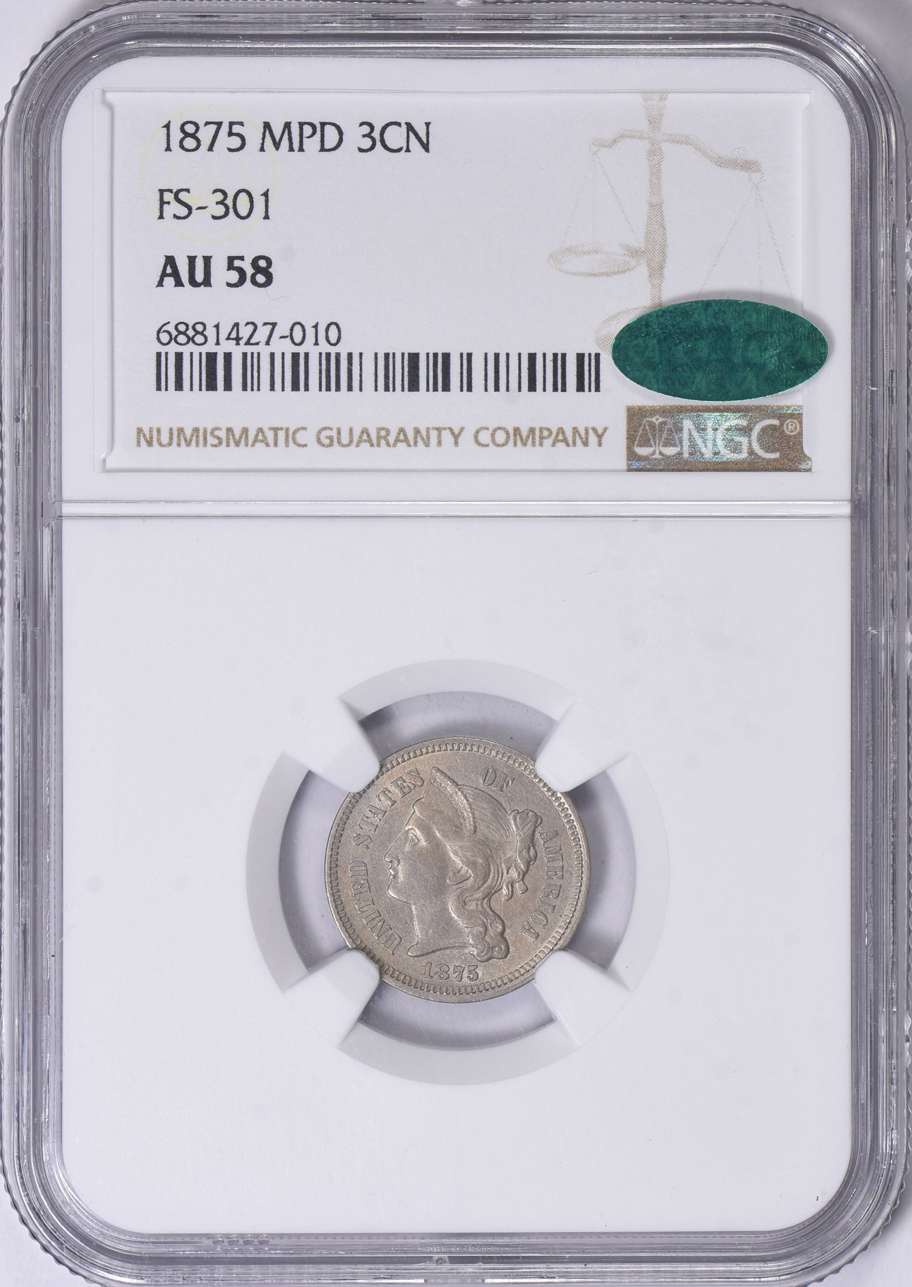 1875 Nickel Three-Cent Piece Misplaced Digit FS-301 NGC AU-58 (CAC ...