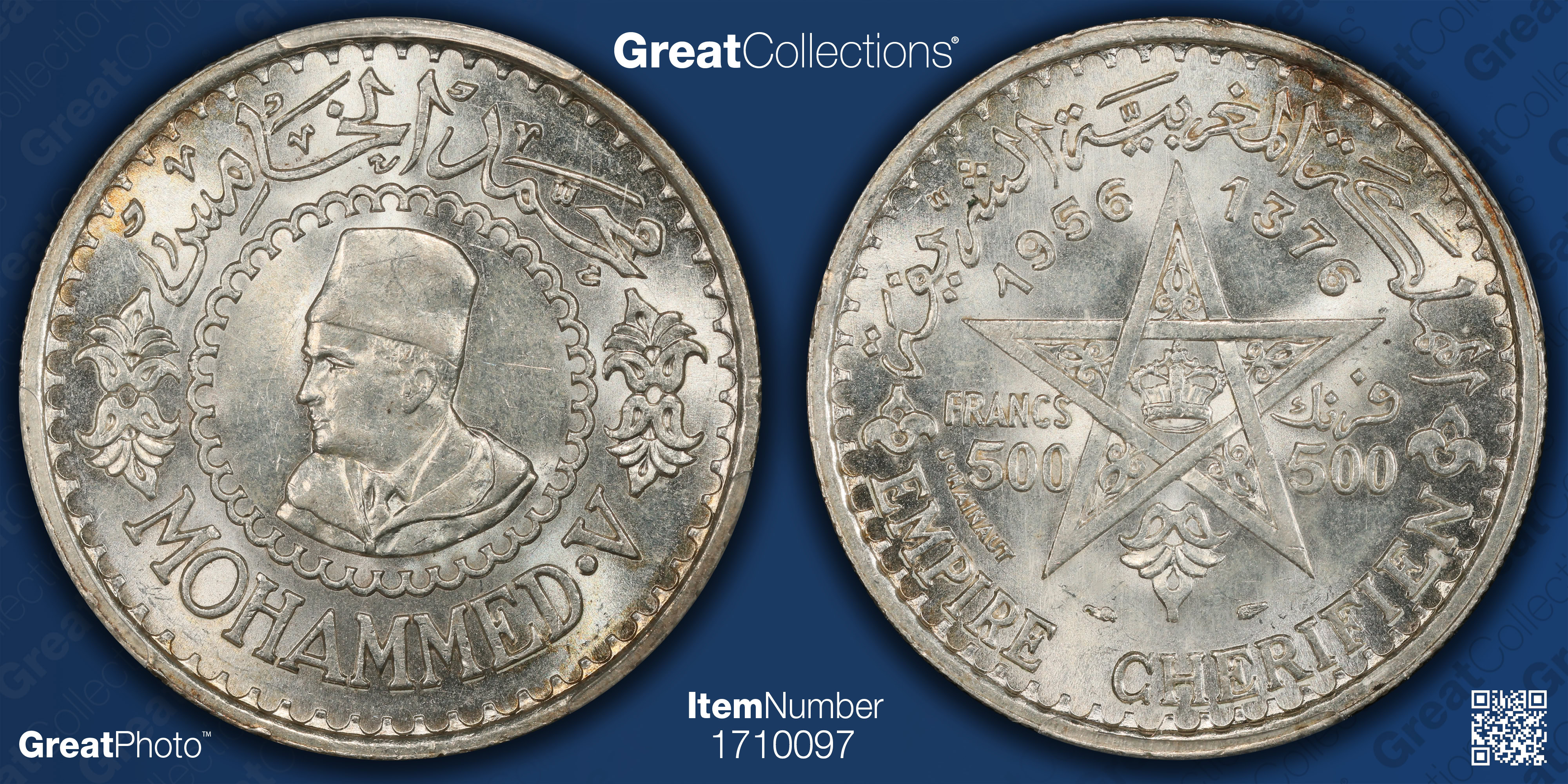 Morocco AH 1376 // 1956 Silver 500 Francs Mohamed V Y-54 PCGS MS-62 ...