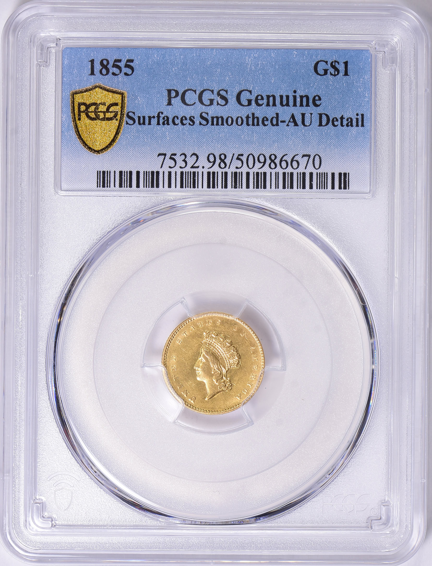 1855 Indian Princess Gold Dollar PCGS Genuine AU Details (Item 1710112) | GreatCollections Coin ...
