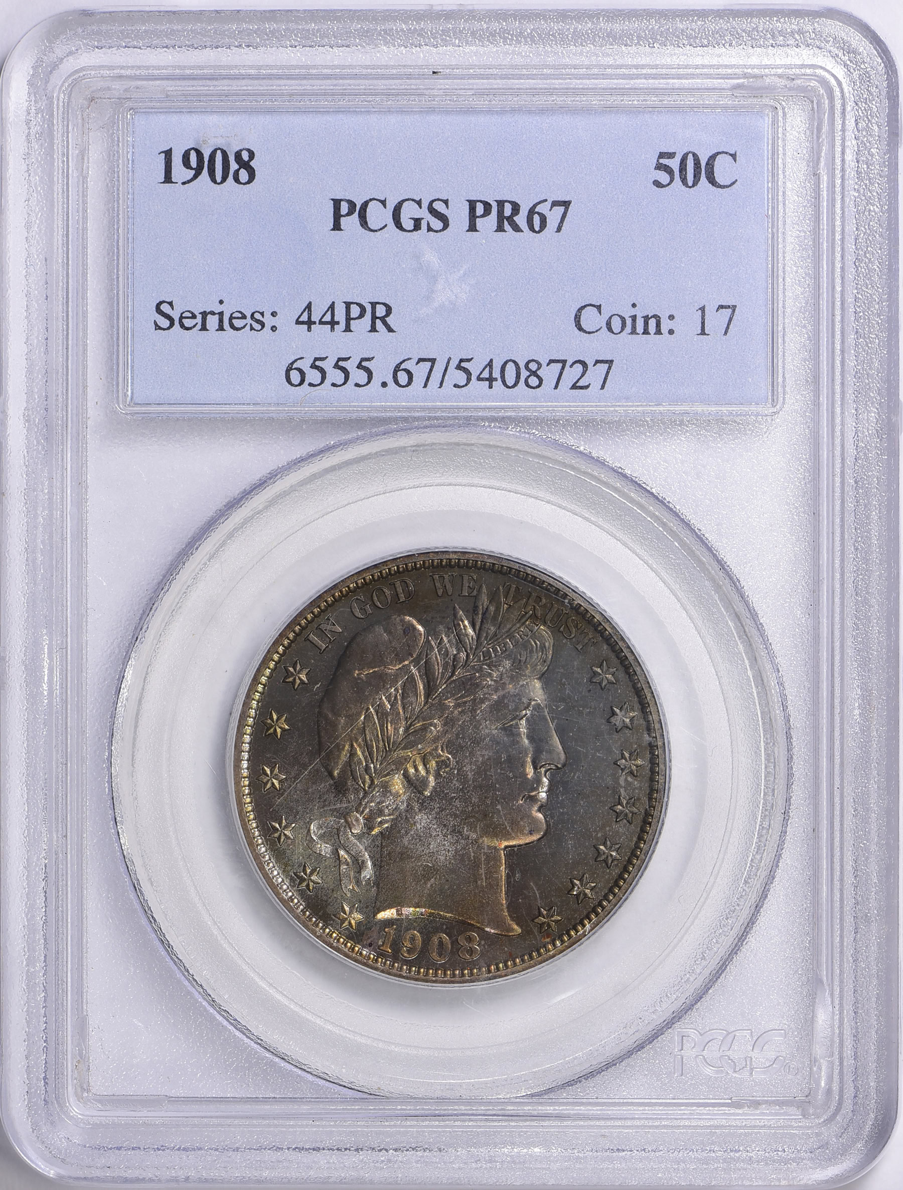 1908 Barber Half Dollar PCGS Proof-67 (Toned) (Item 1710195) | GreatCollections Coin Auctions