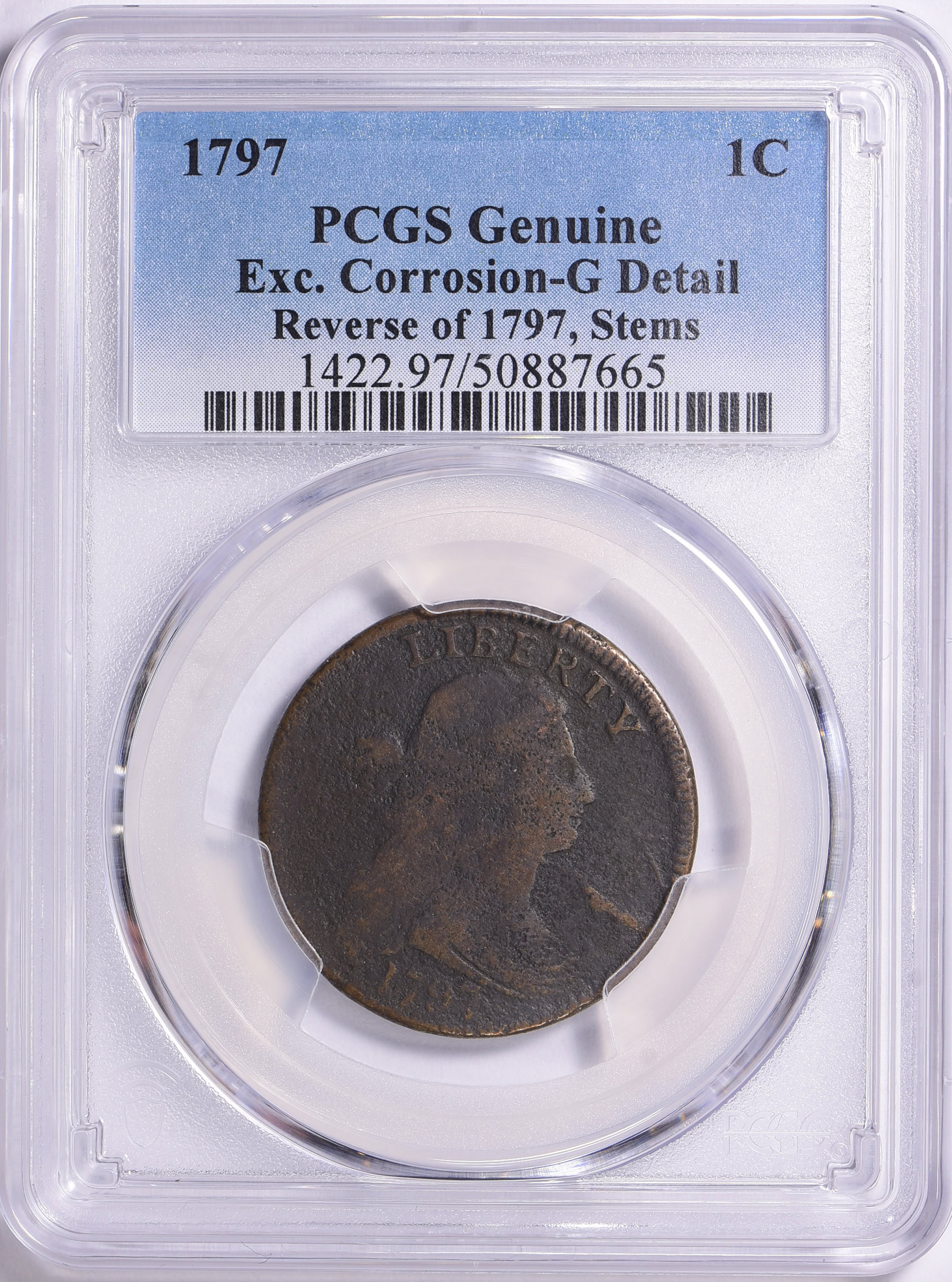 1797 Draped Bust Cent Reverse of 1797, Stems PCGS Genuine G Details ...
