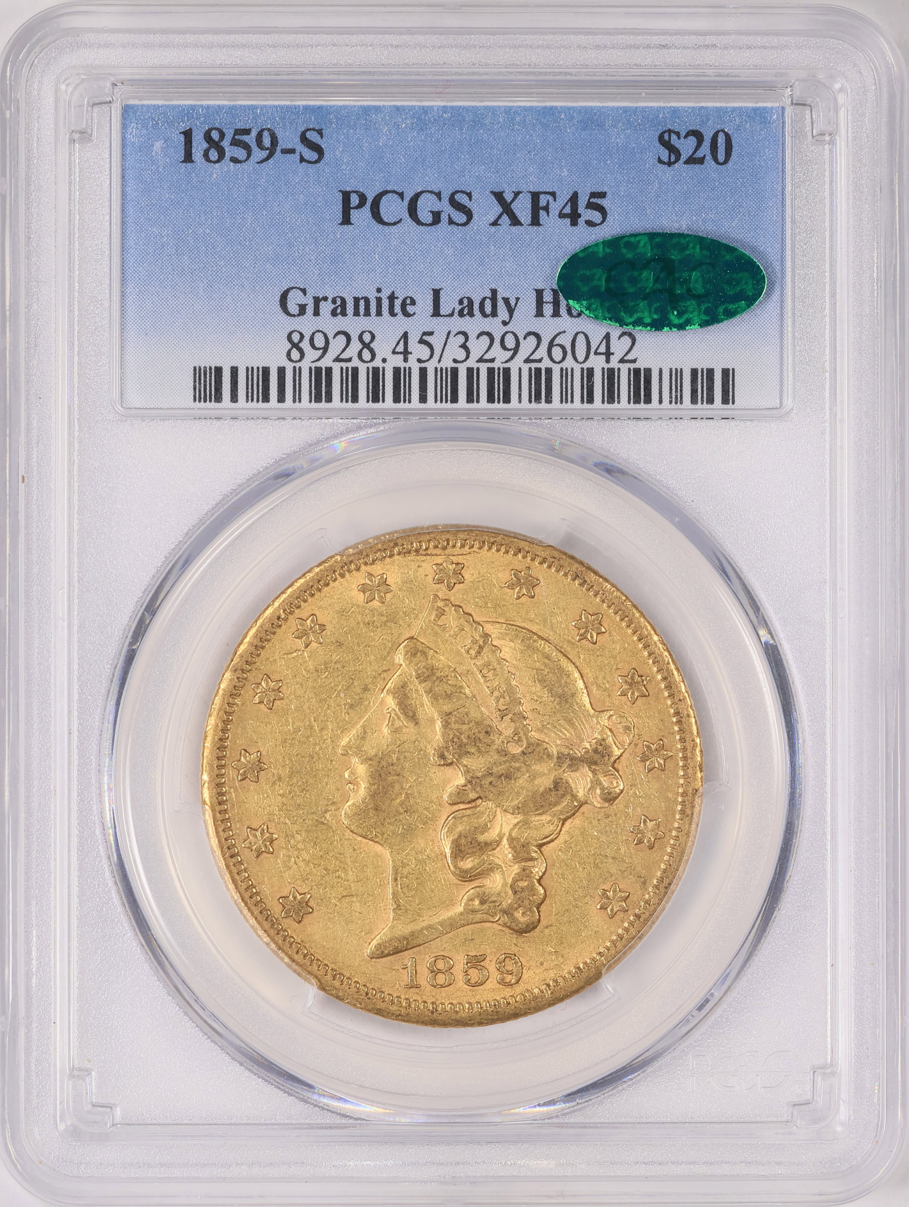 1859-S Liberty Gold Double Eagle PCGS XF-45 (CAC Green) (Granite Lady Hoard) (Item 1710278 ...
