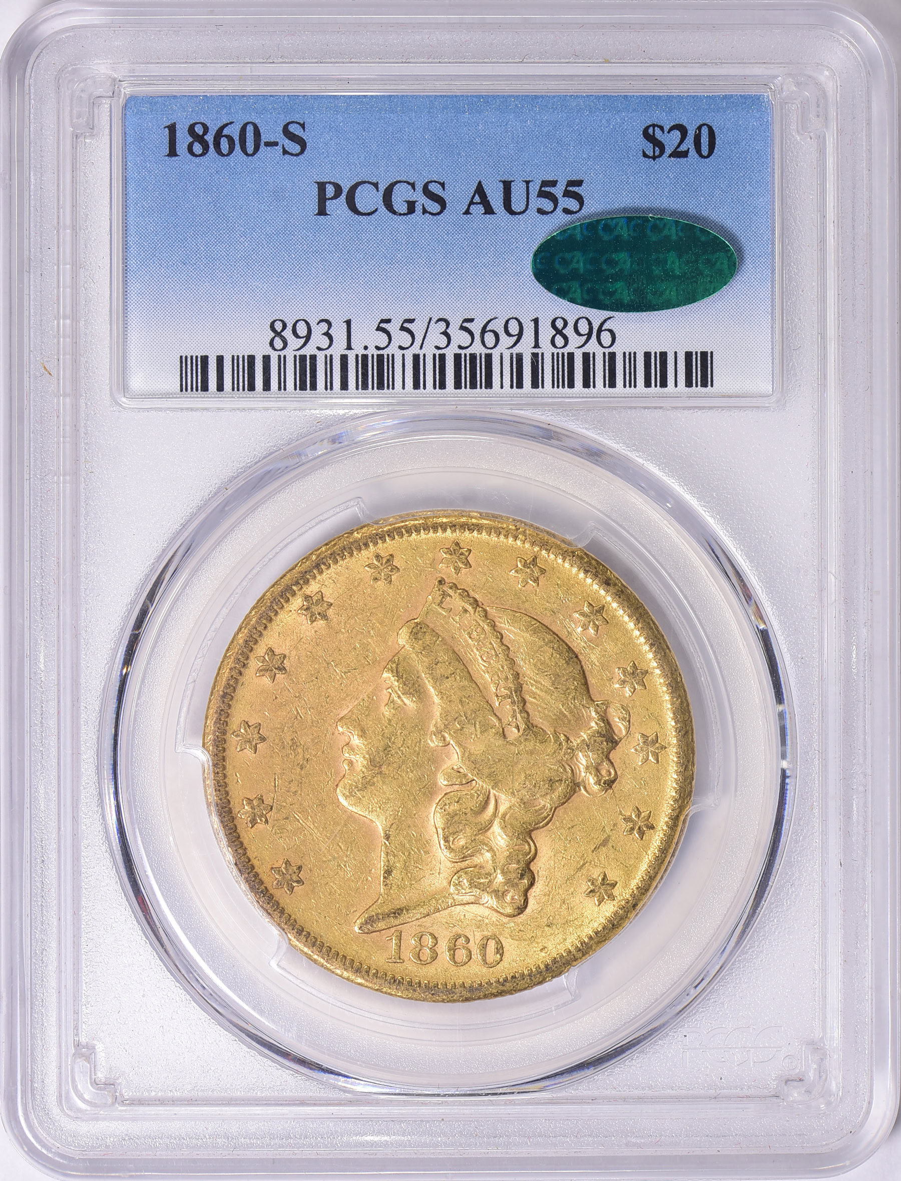 1860-S Liberty Gold Double Eagle PCGS AU-55 (CAC Green) (Item 1710279) | GreatCollections Coin ...