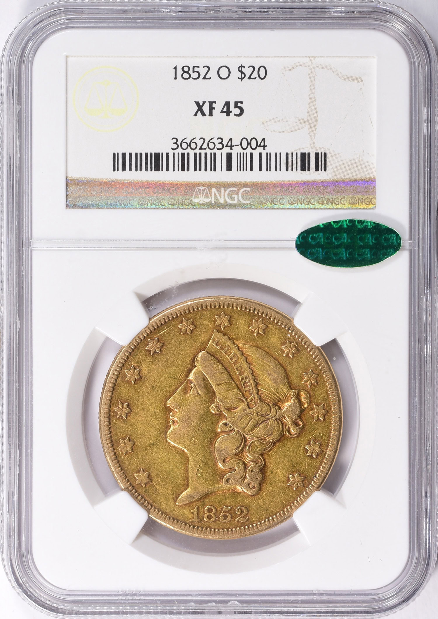 1852-O Liberty Gold Double Eagle NGC XF-45 (CAC Green) (Item 1710290) | GreatCollections Coin ...