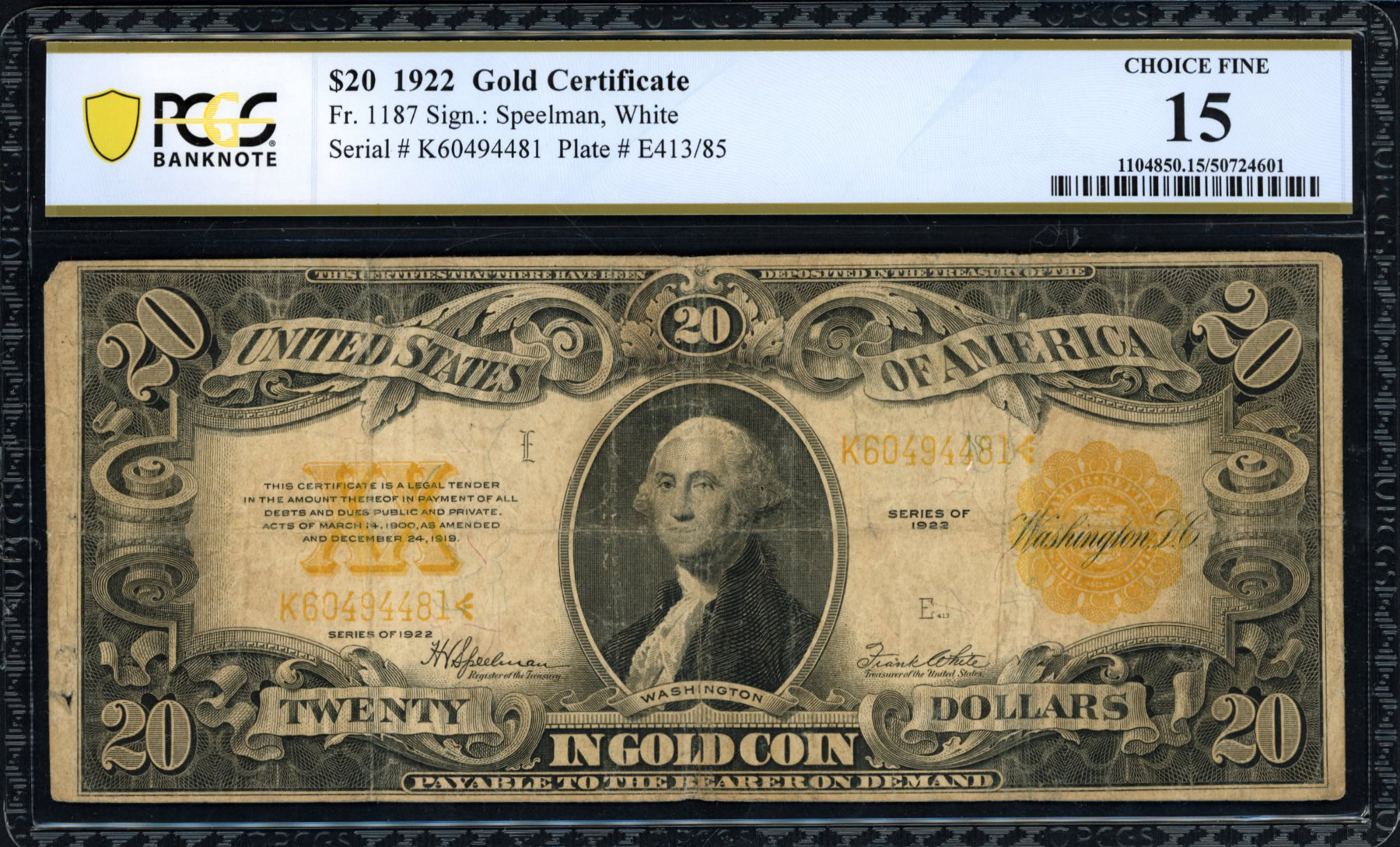 Fr. 1187 1922 $20 Gold Certificate Note Speelman / White PCGS Banknote ...