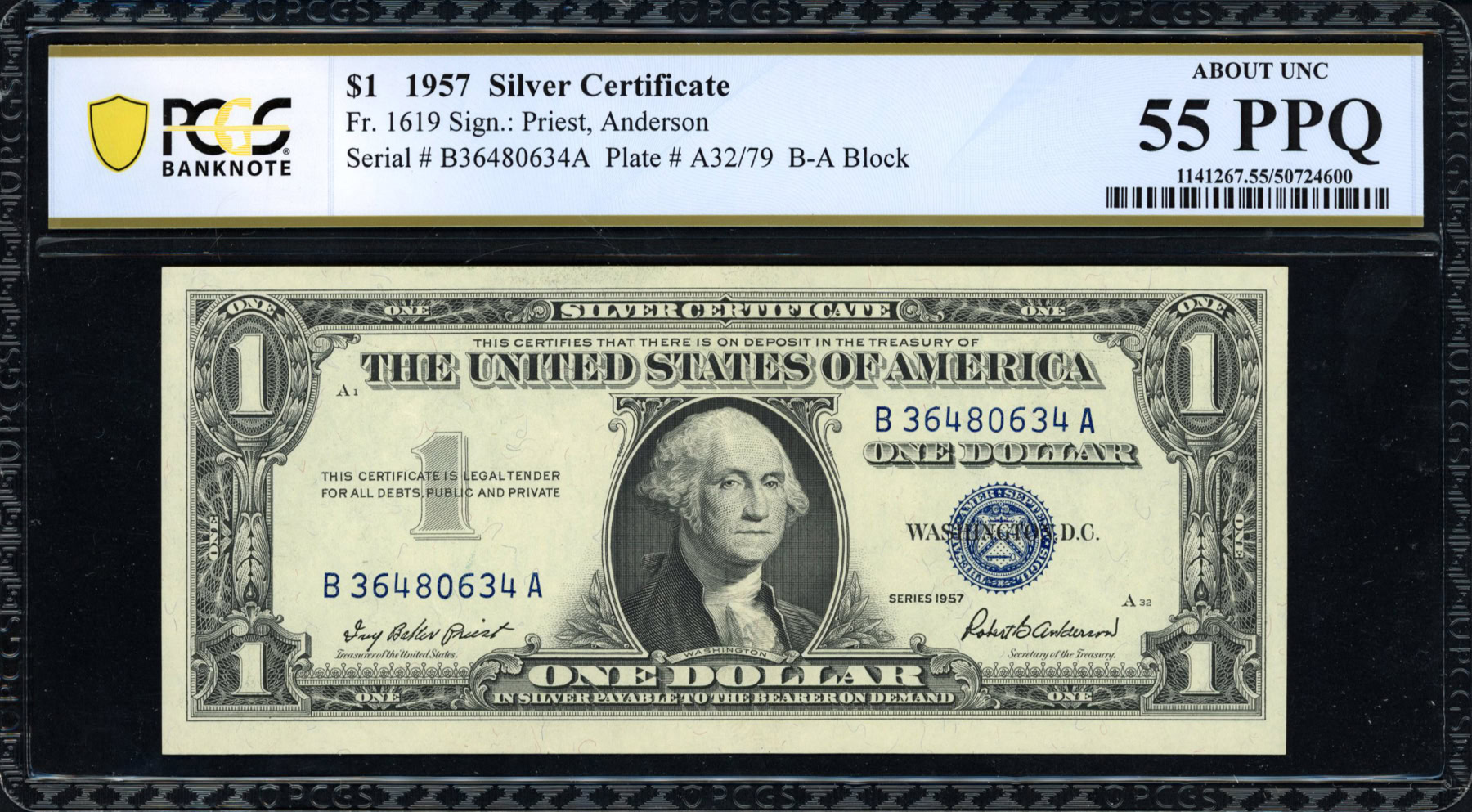 Fr. 1619 (BA Block) 1957 $1 Silver Certificate Note Priest / Anderson ...