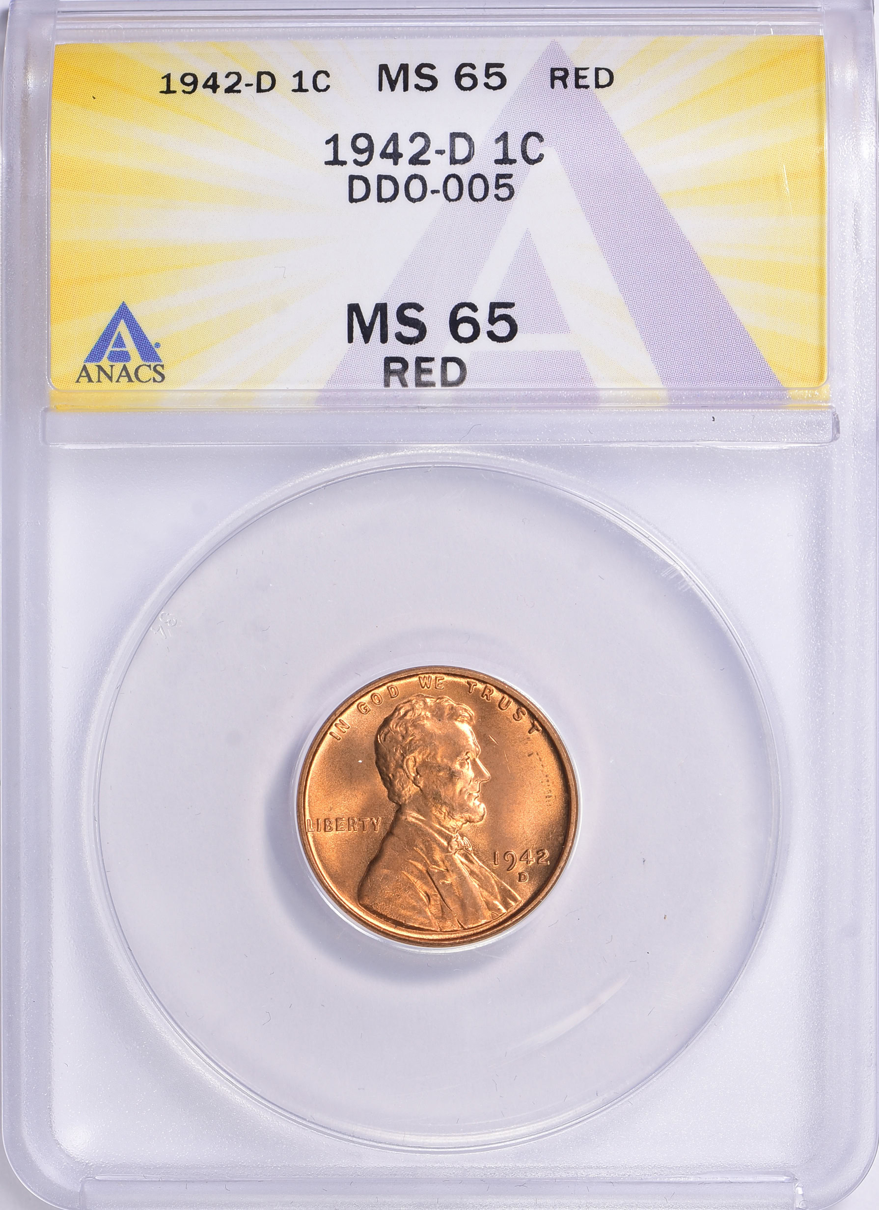 1942-D Lincoln Cent DDO-005 ANACS MS-65 RD (Item 1710671) | GreatCollections Coin Auctions