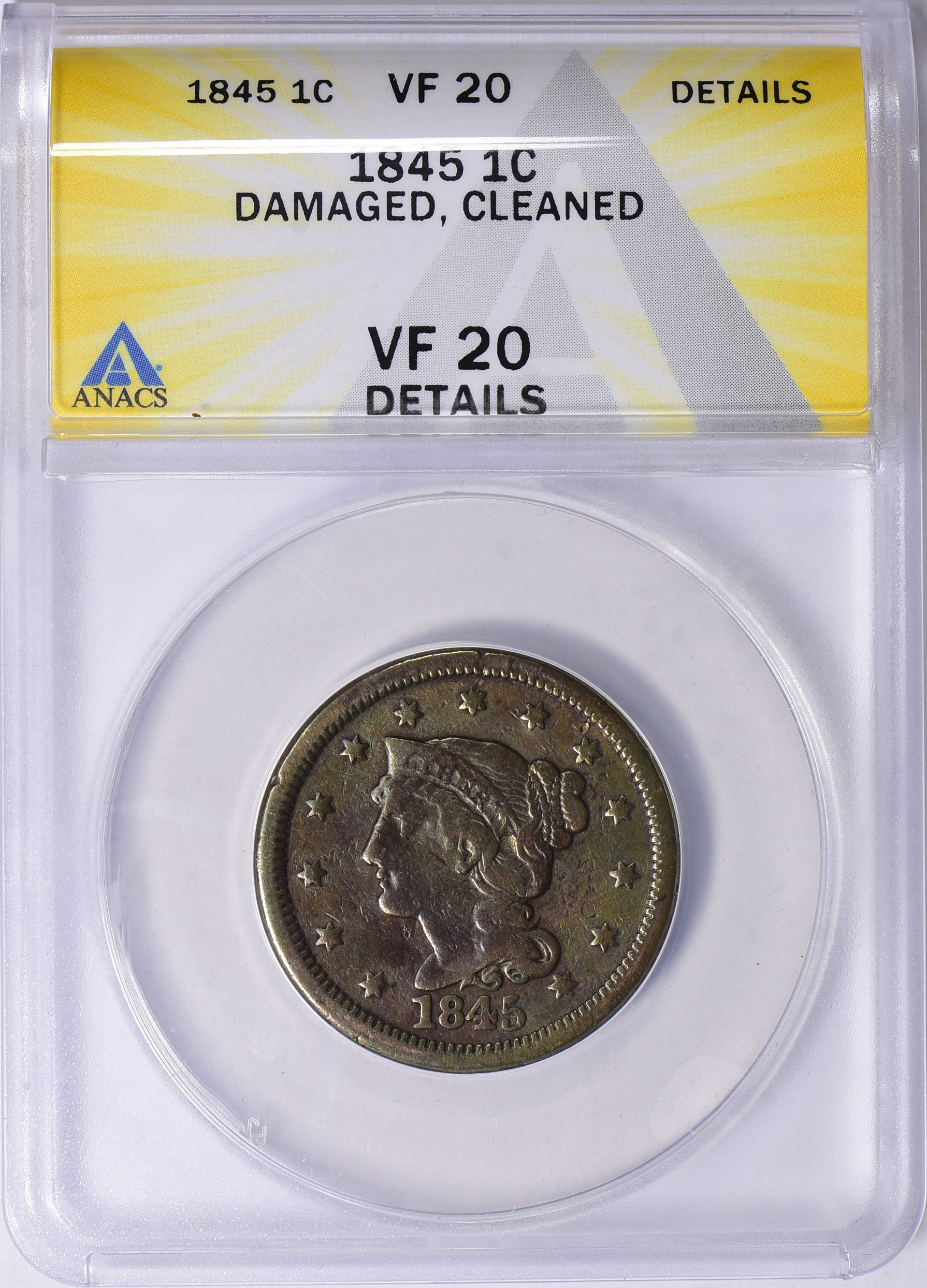 1845 Braided Hair Cent VF-20 Details (Item 1710715) | GreatCollections Coin Auctions