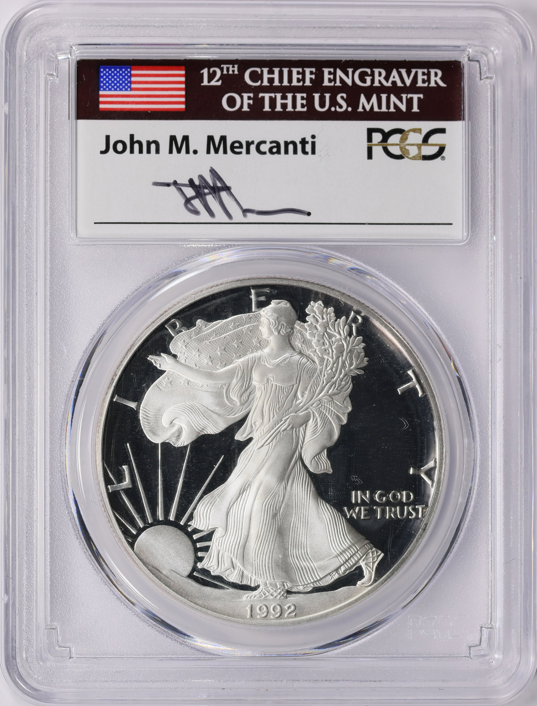 1992-S $1 Silver Eagle PCGS Proof-70 DCAM (Mercanti Signed Flag Label ...