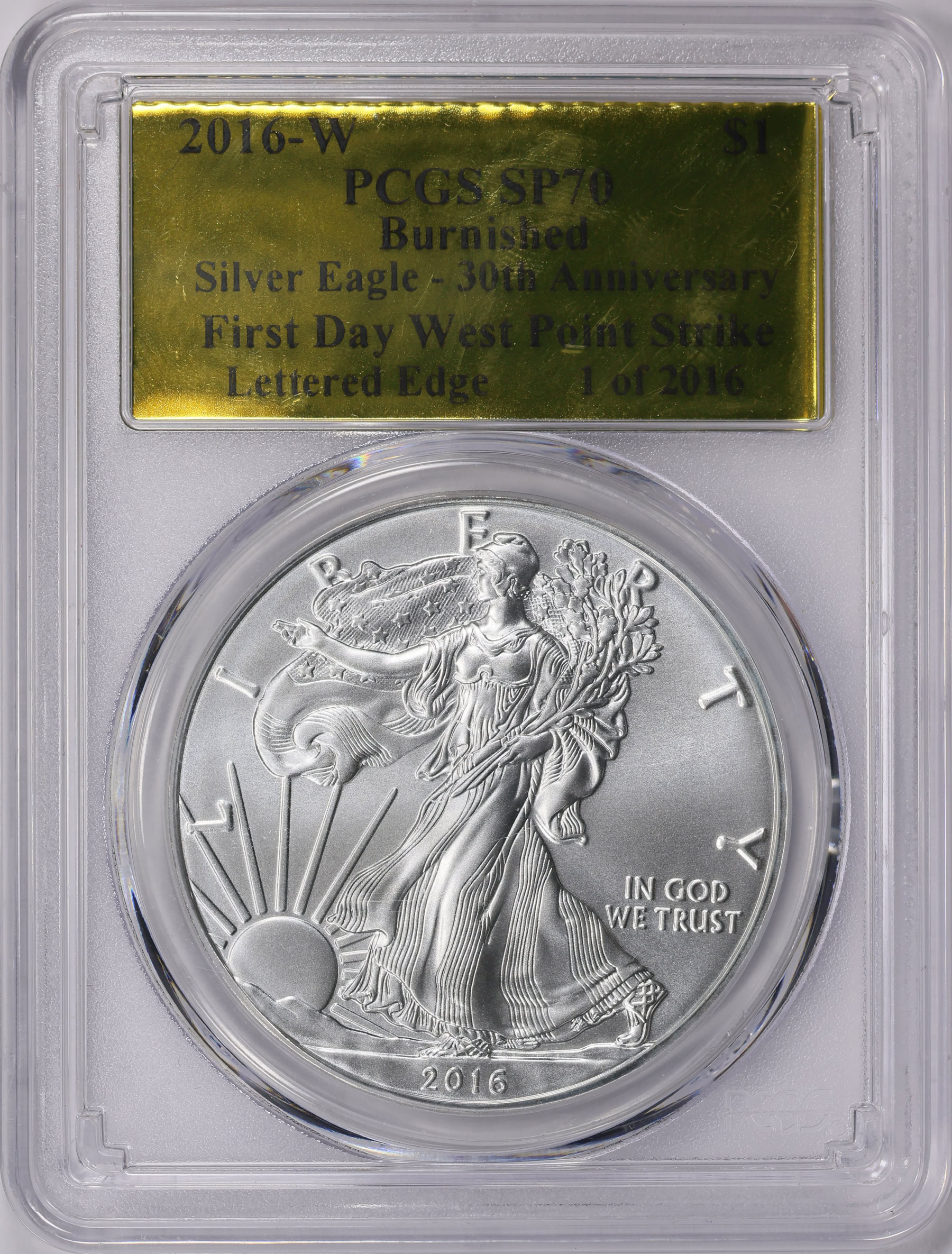 2016-W $1 Silver Eagle Burnished 30th Anniversary Lettered Edge First Day of Issue West Point ...