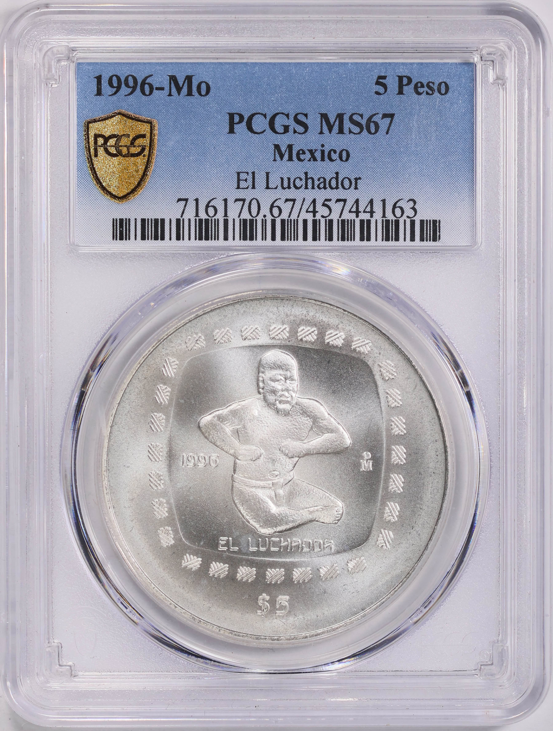 Mexico 1996-Mo Silver 5 Pesos Olmec Series El Luchador KM-595 PCGS MS ...