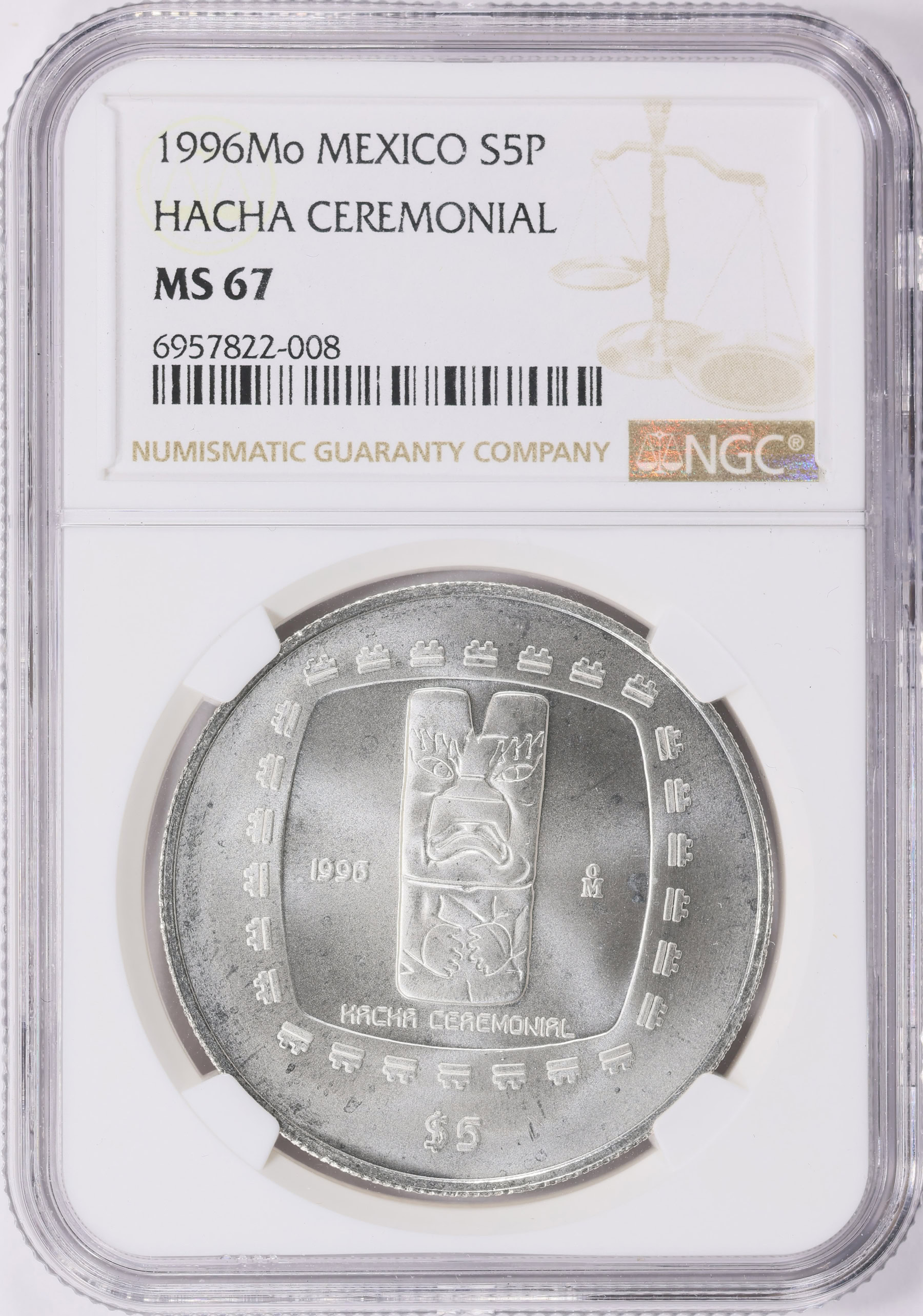 Mexico 1996-Mo Silver 5 Pesos Olmec Series Hacha Ceremonial KM-598 NGC ...
