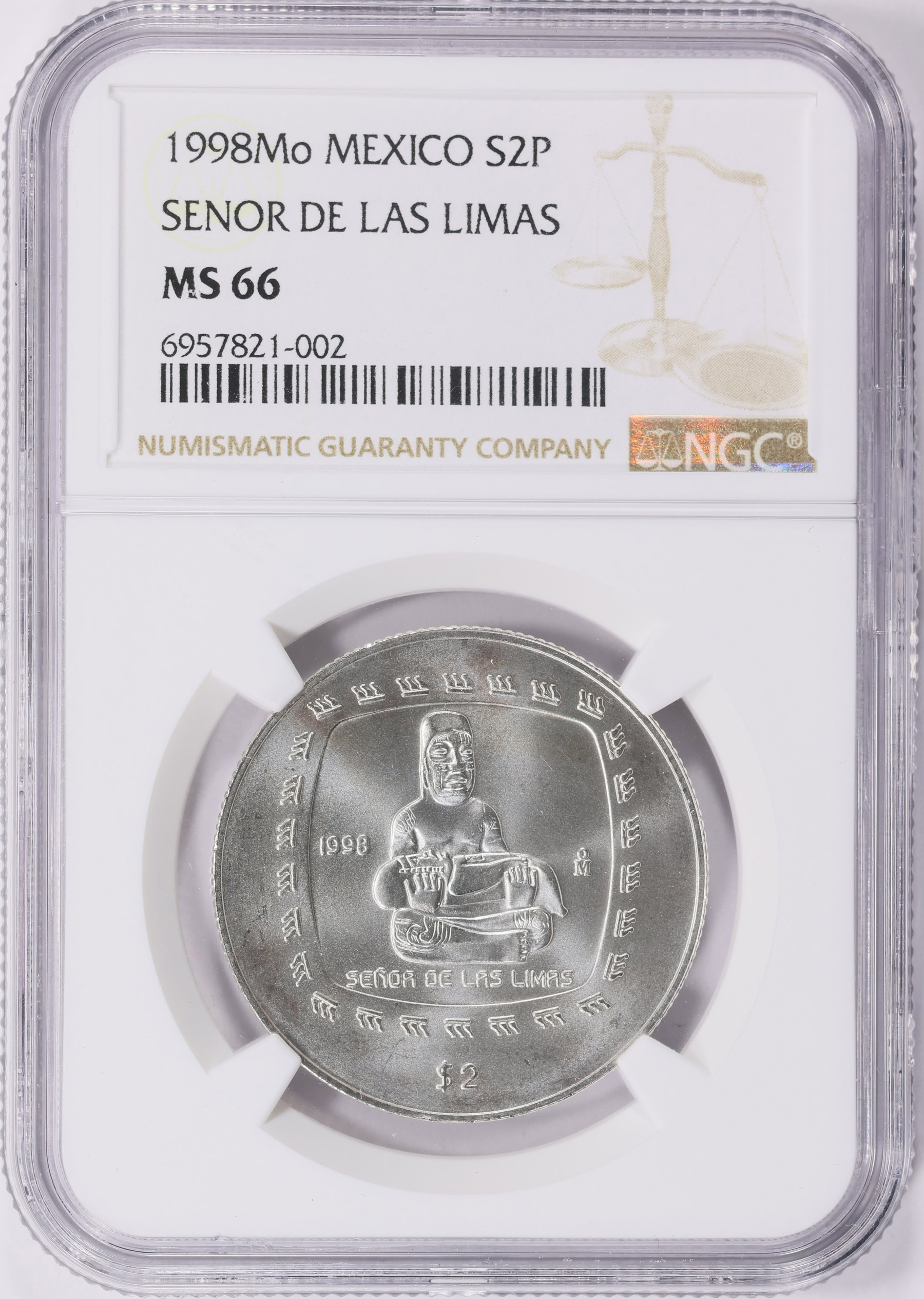 Mexico 1998-Mo Silver 2 Pesos Olmec Series Senor de las Limas KM-594 ...