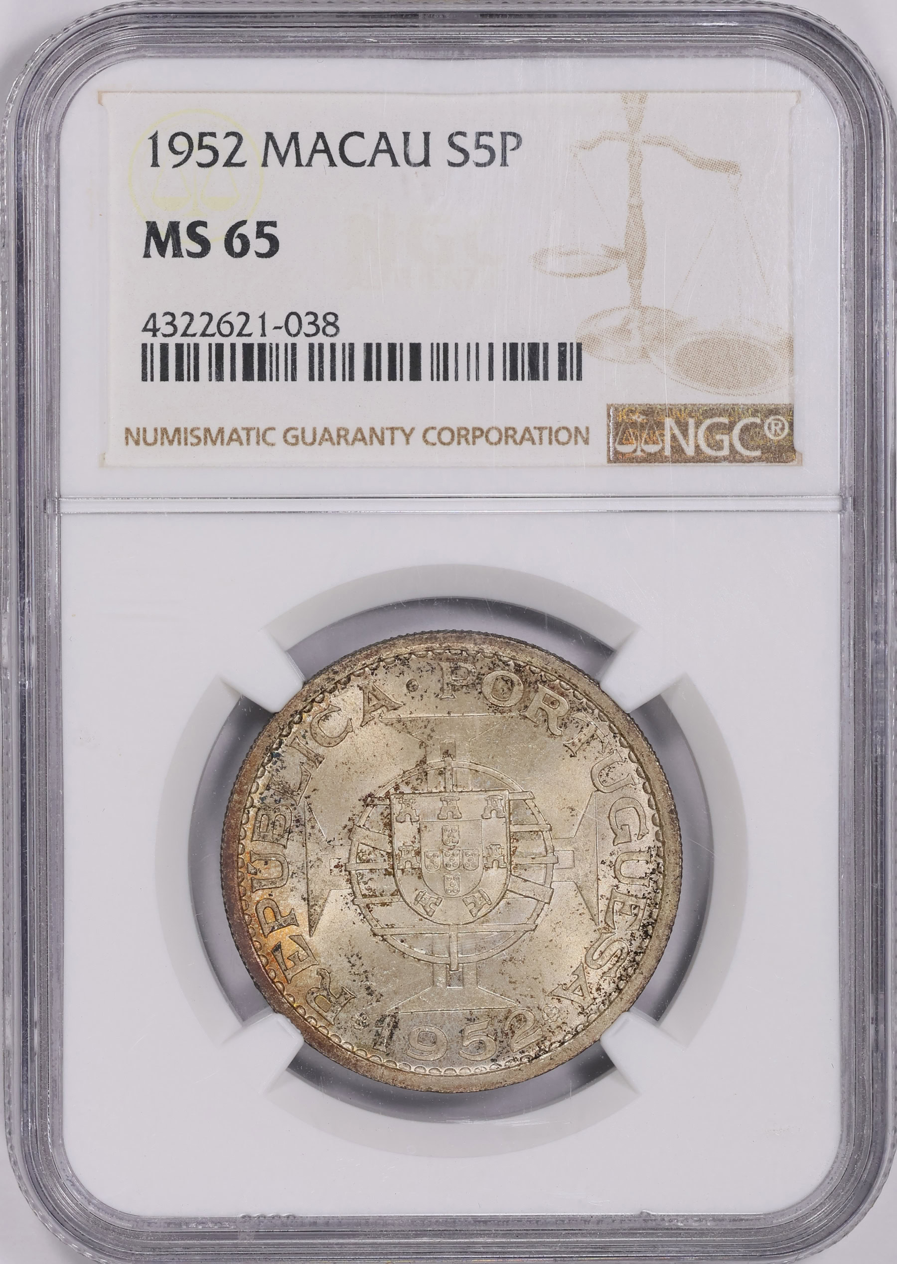 Macau 1952 Silver 5 Patacas KM-5 NGC MS-65 (Item 1711215 ...