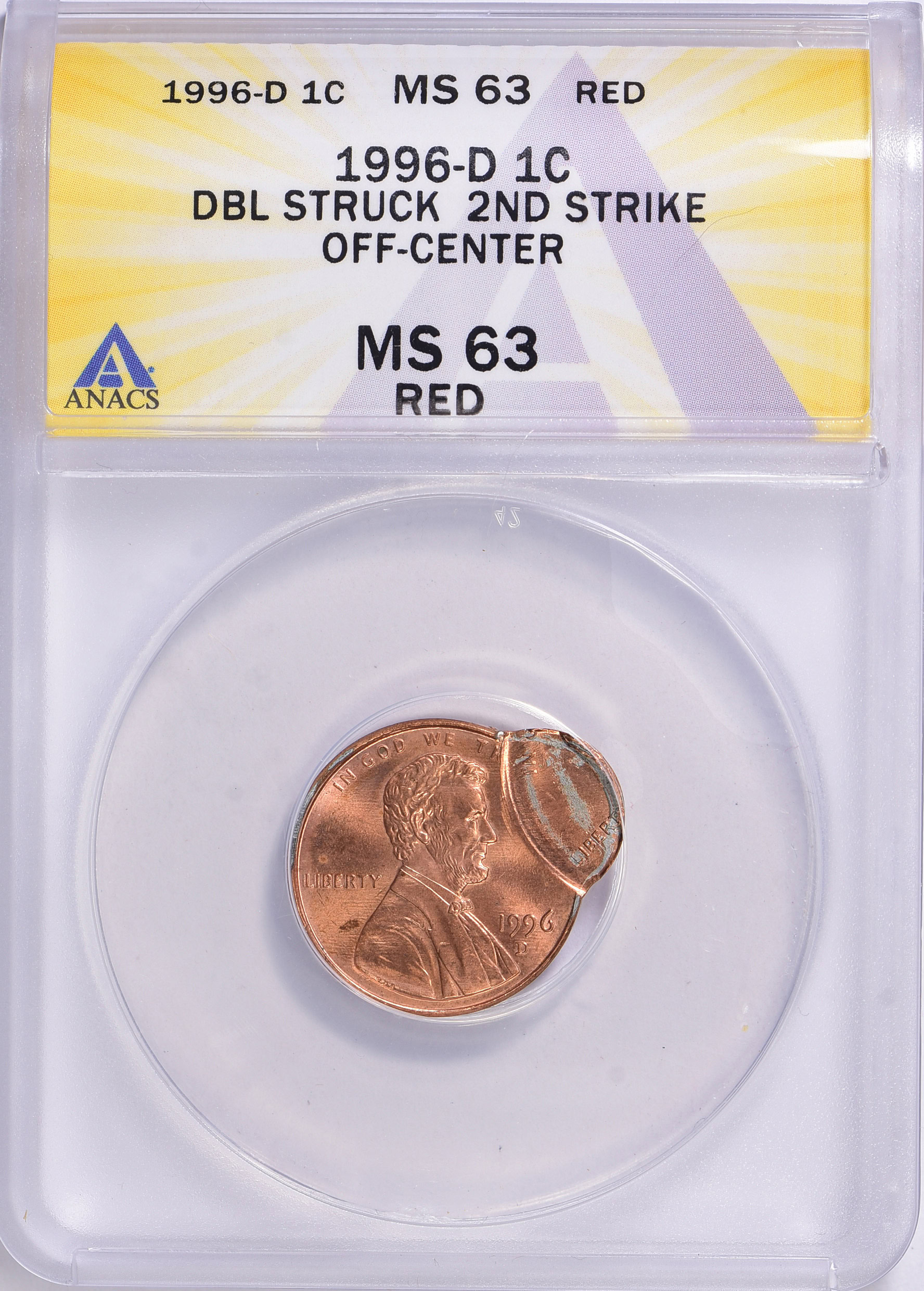 Mint Error 1996-D Lincoln Cent Double Struck Second Strike Off Center ANACS MS-63 RD | ANACS ...