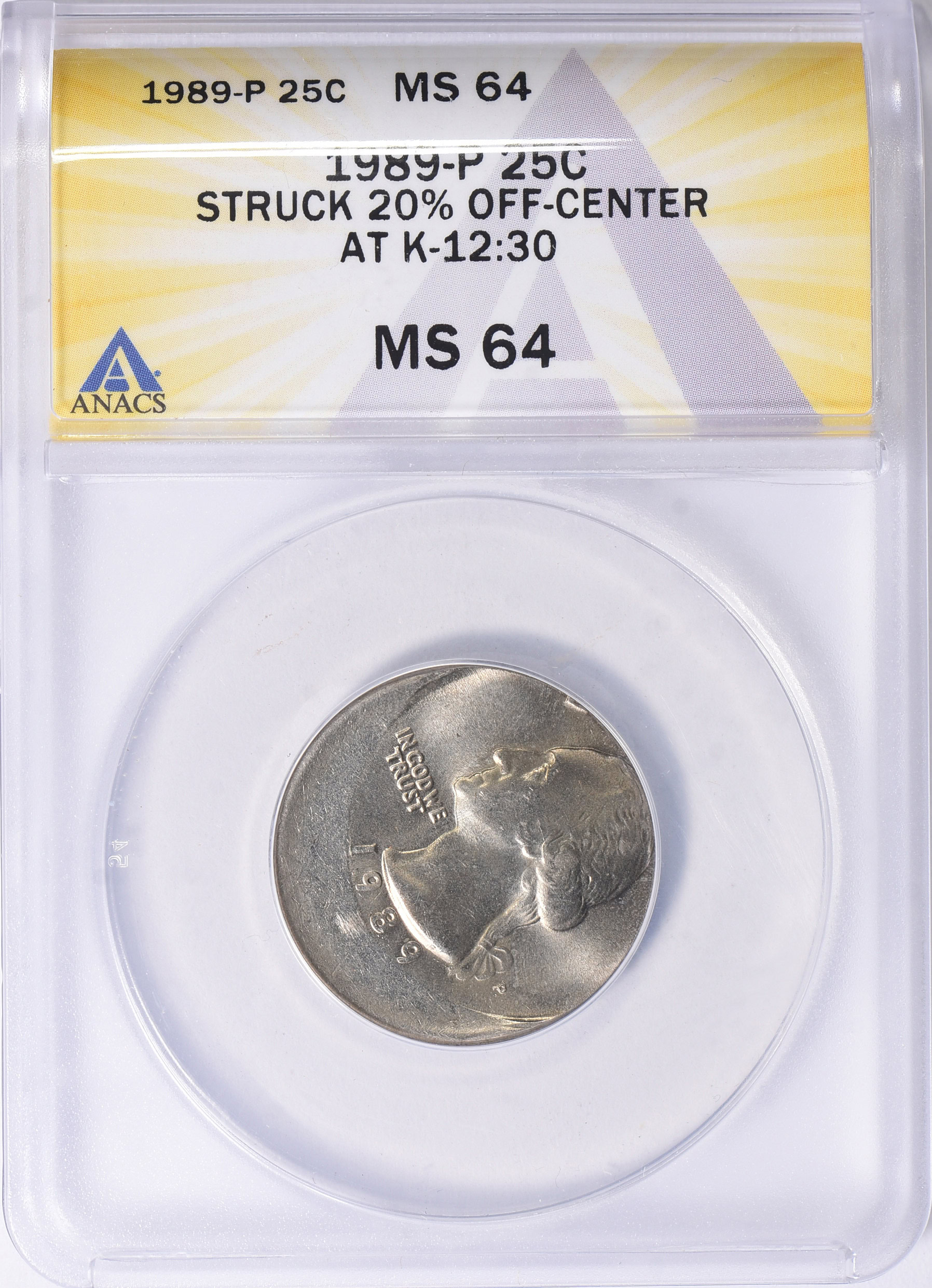 Mint Error 1989-P Washington Quarter Struck 20% Off Center at 12:30 ...