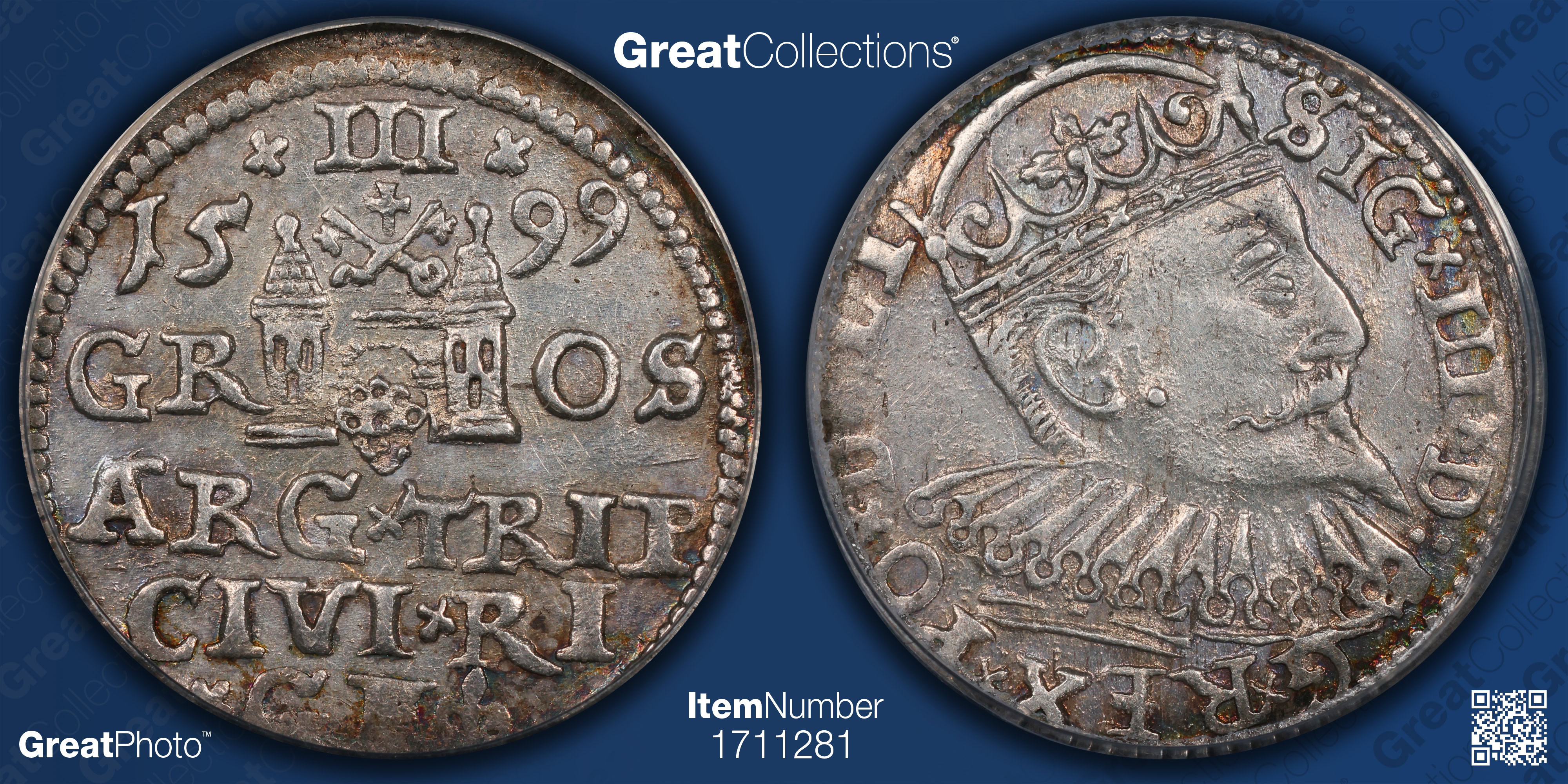 Poland - Livonia 1599 Silver 3 Groszy of Sigismund III Riga ANACS AU-50 ...