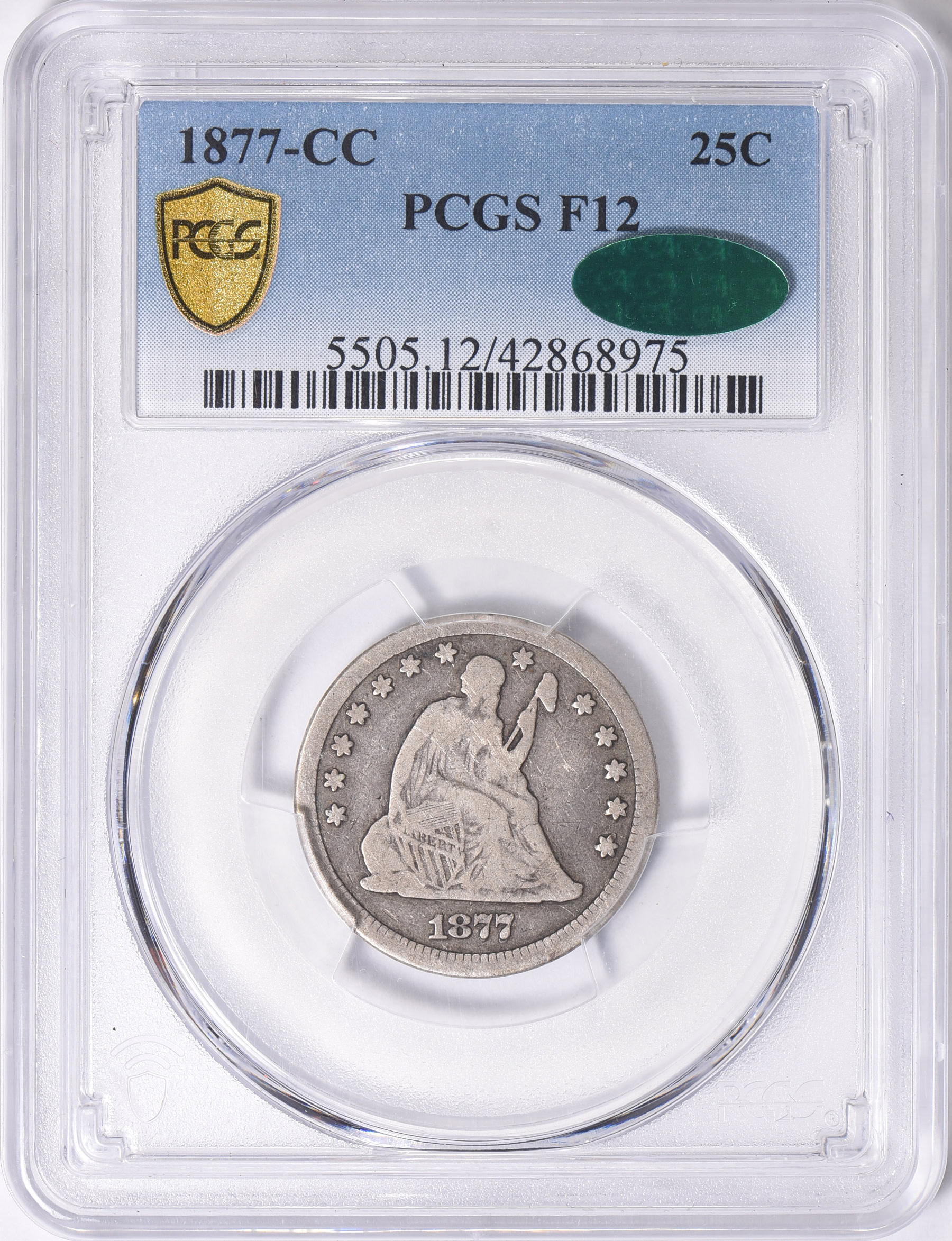 1877-CC Seated Liberty Quarter PCGS F-12 (CAC Green) (Item 1711468) | GreatCollections Coin Auctions
