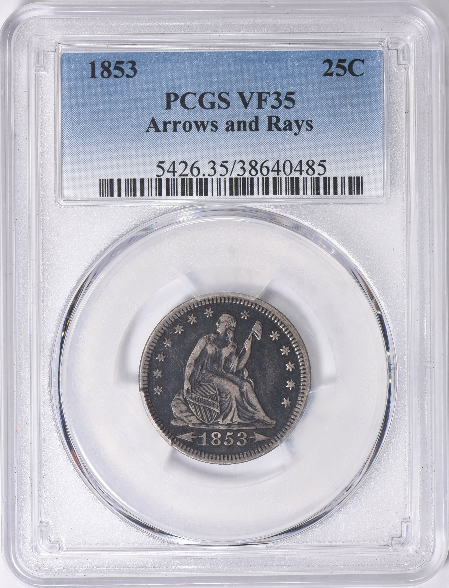 1853 Seated Liberty Quarter Arrows and Rays PCGS VF-35 (Item 1711473) | GreatCollections Coin ...