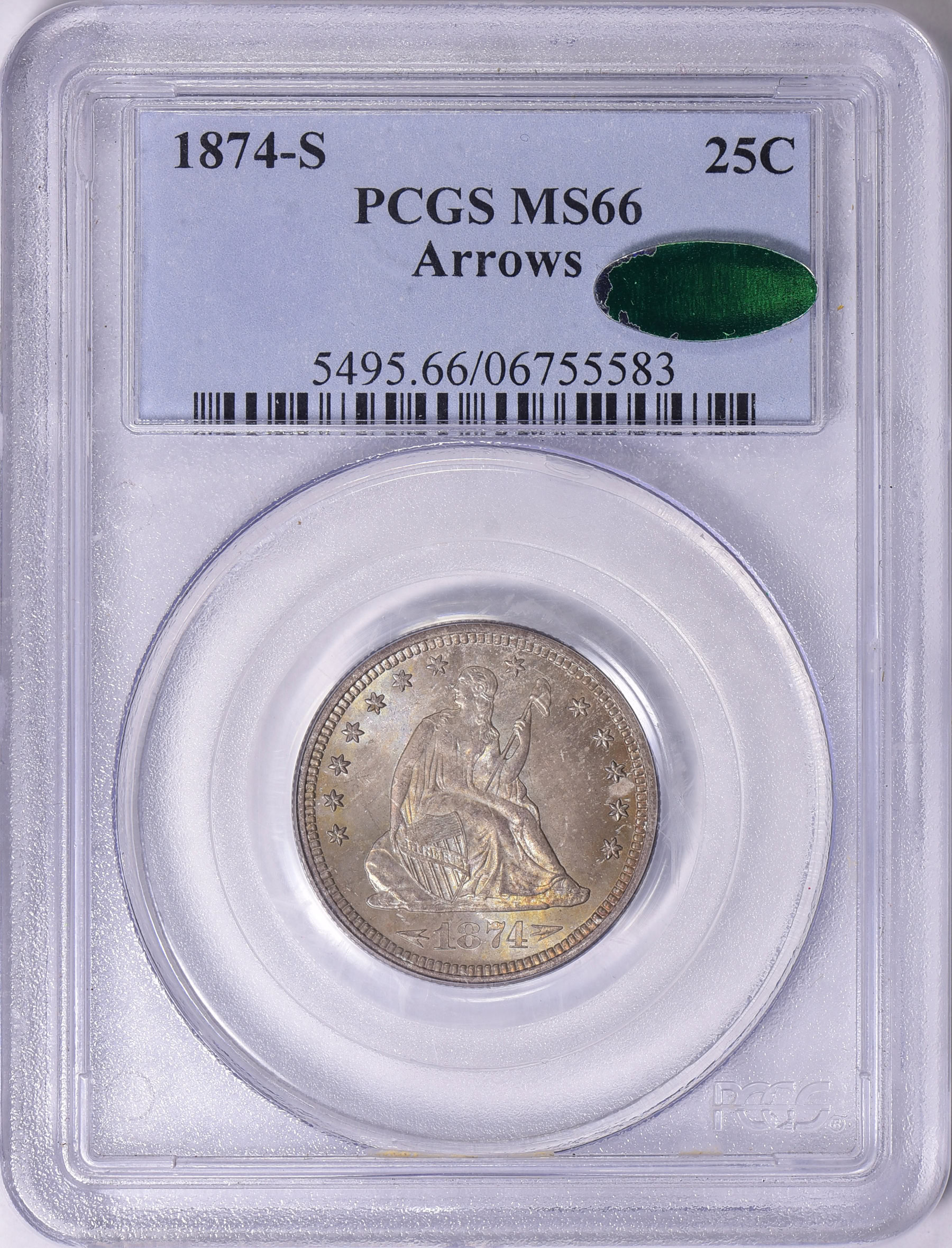1874-S Seated Liberty Quarter Arrows PCGS MS-66 (CAC Green) (Toned) (Item 1711481 ...