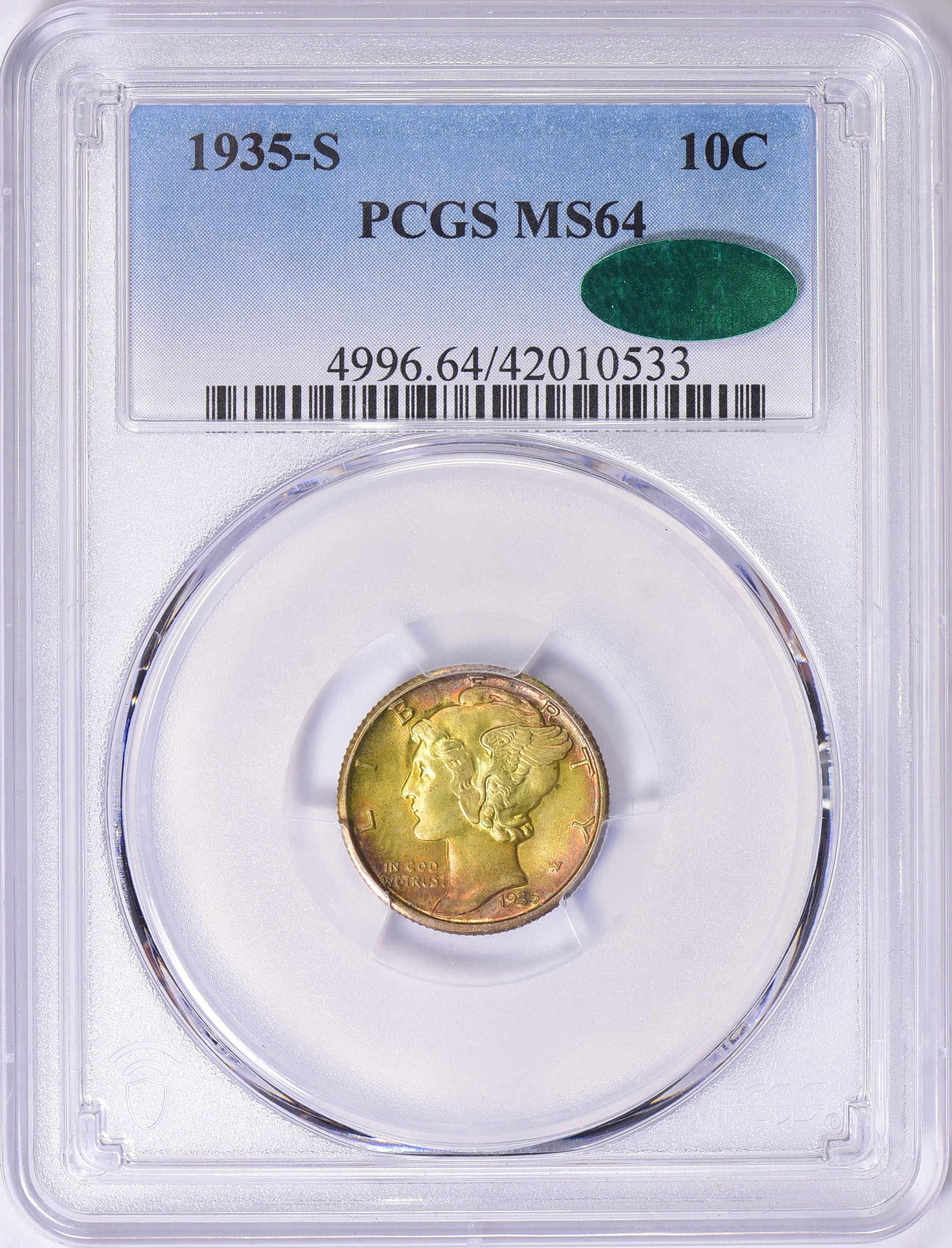 1935-S Mercury Dime PCGS MS-64 (CAC Green) (Toned) (Item 1711739) | GreatCollections Coin Auctions