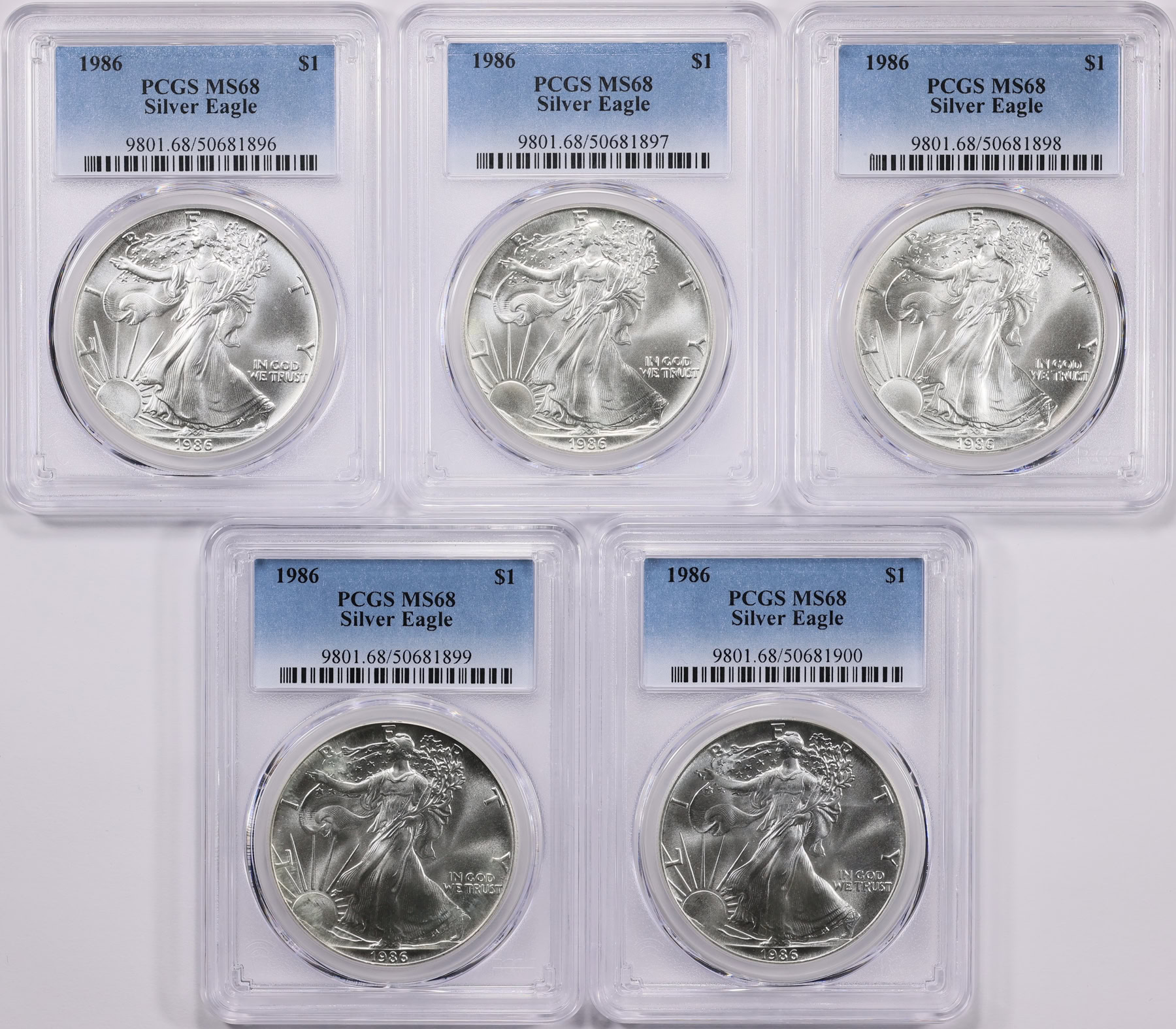 1986 $1 Silver Eagle PCGS MS-68 (5 Coins) (Item 1711842 ...