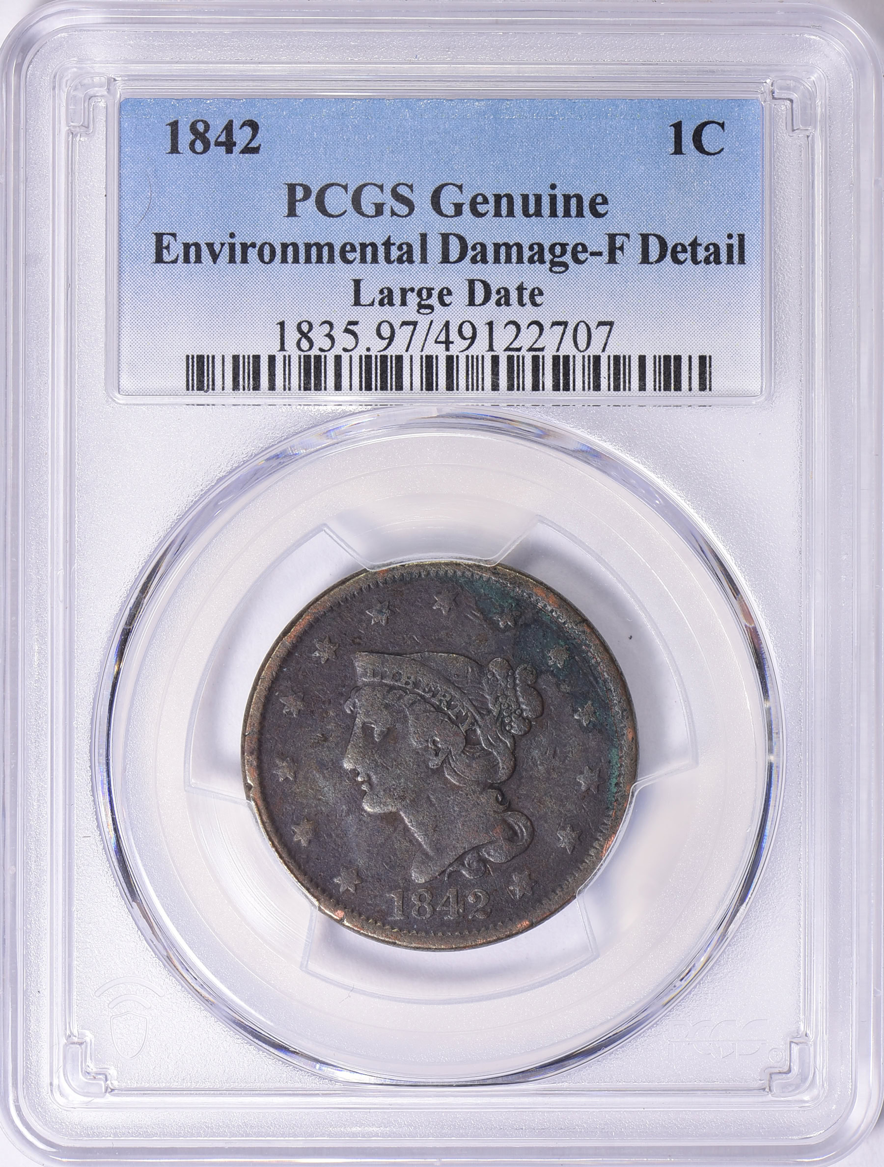 1842 Braided Hair Cent Large Date PCGS Genuine Fine Details (Item ...