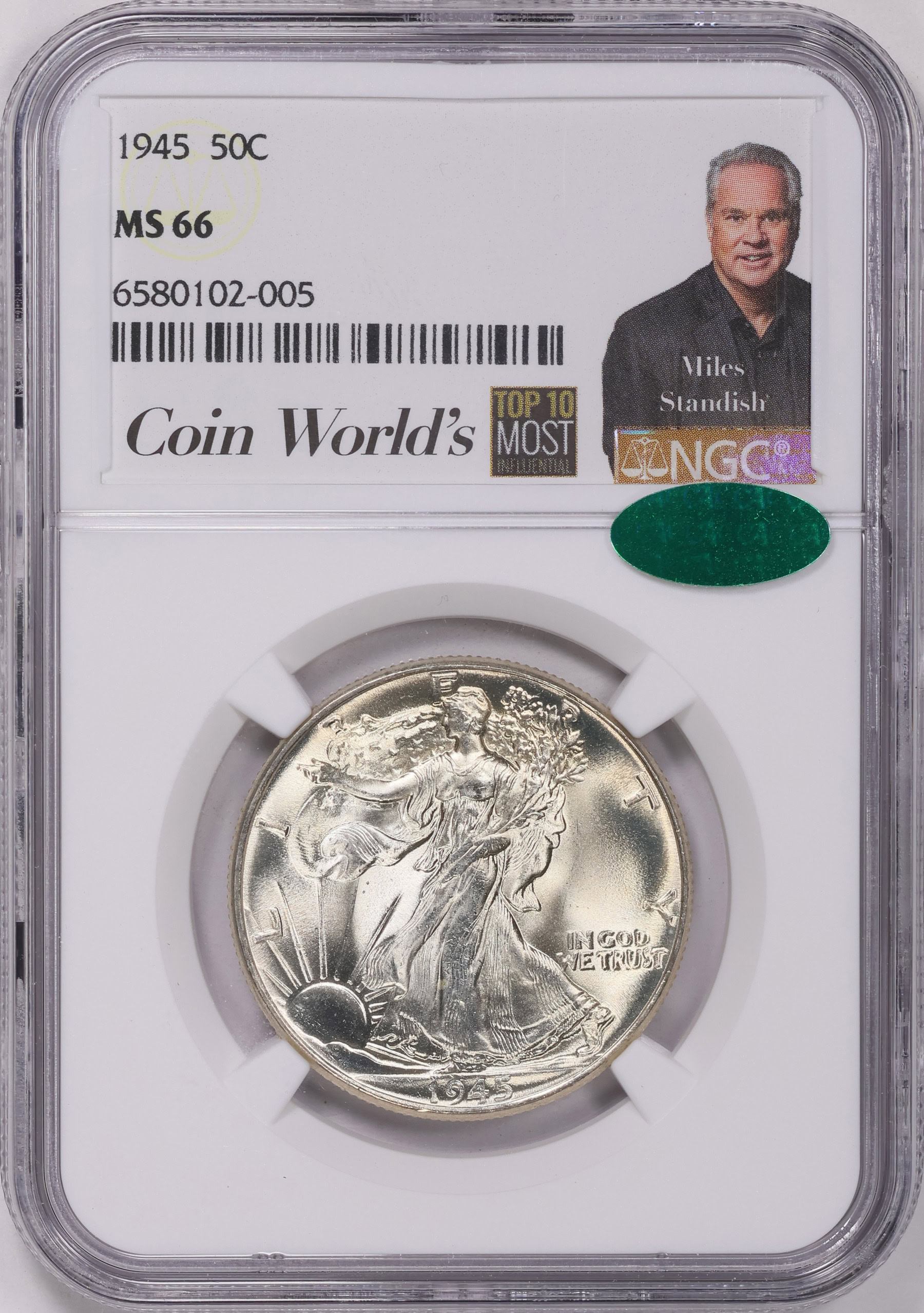 1945 Walking Liberty Half Dollar NGC MS-66 (Miles Standish Label) (CAC Green) (Item 1711973 ...