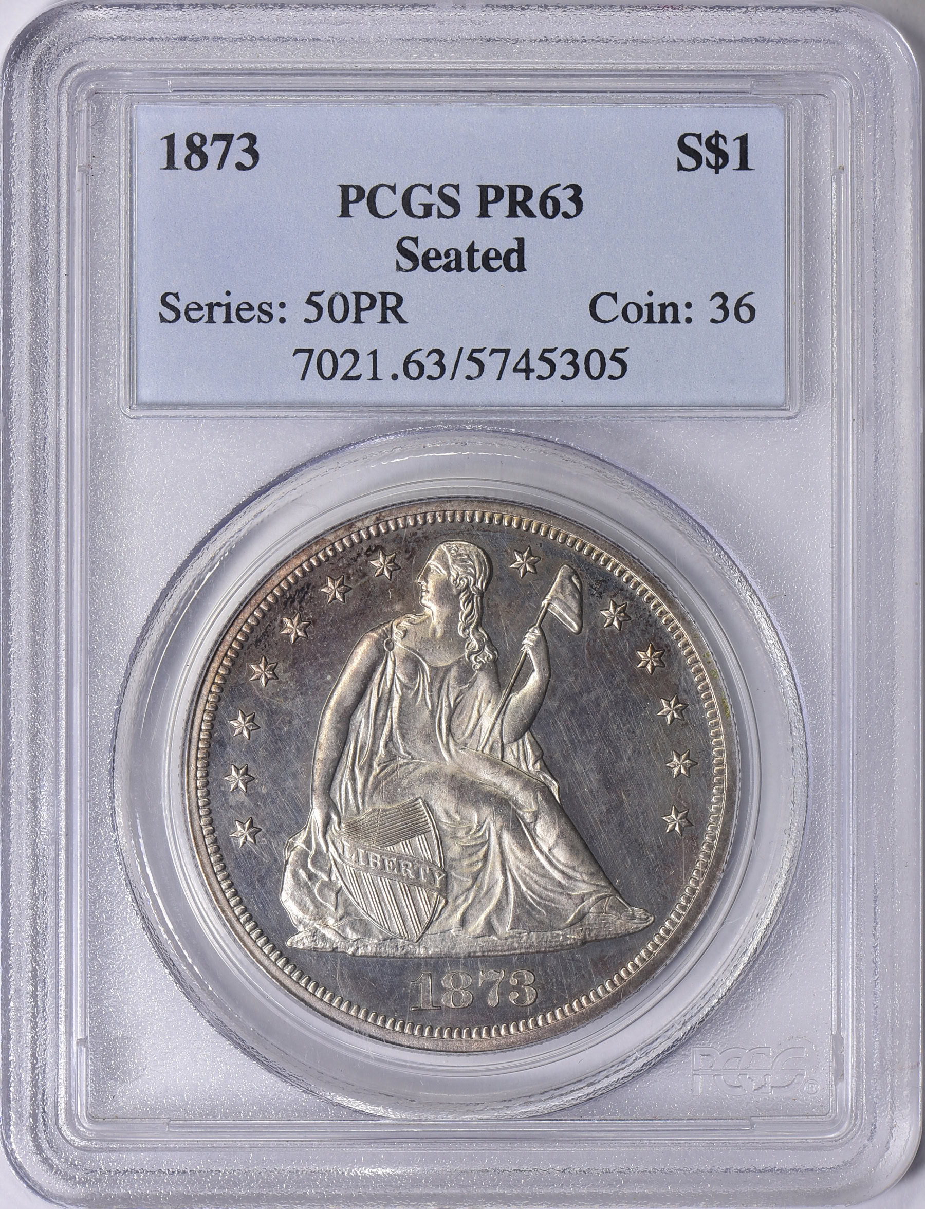 1873 Seated Liberty Silver Dollar PCGS Proof-63 (Item 1712076) | GreatCollections Coin Auctions
